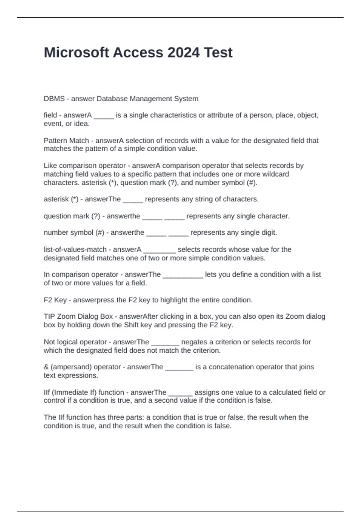 Microsoft Access 2024 Test Questions and Answers 2024 - Microsoft ...