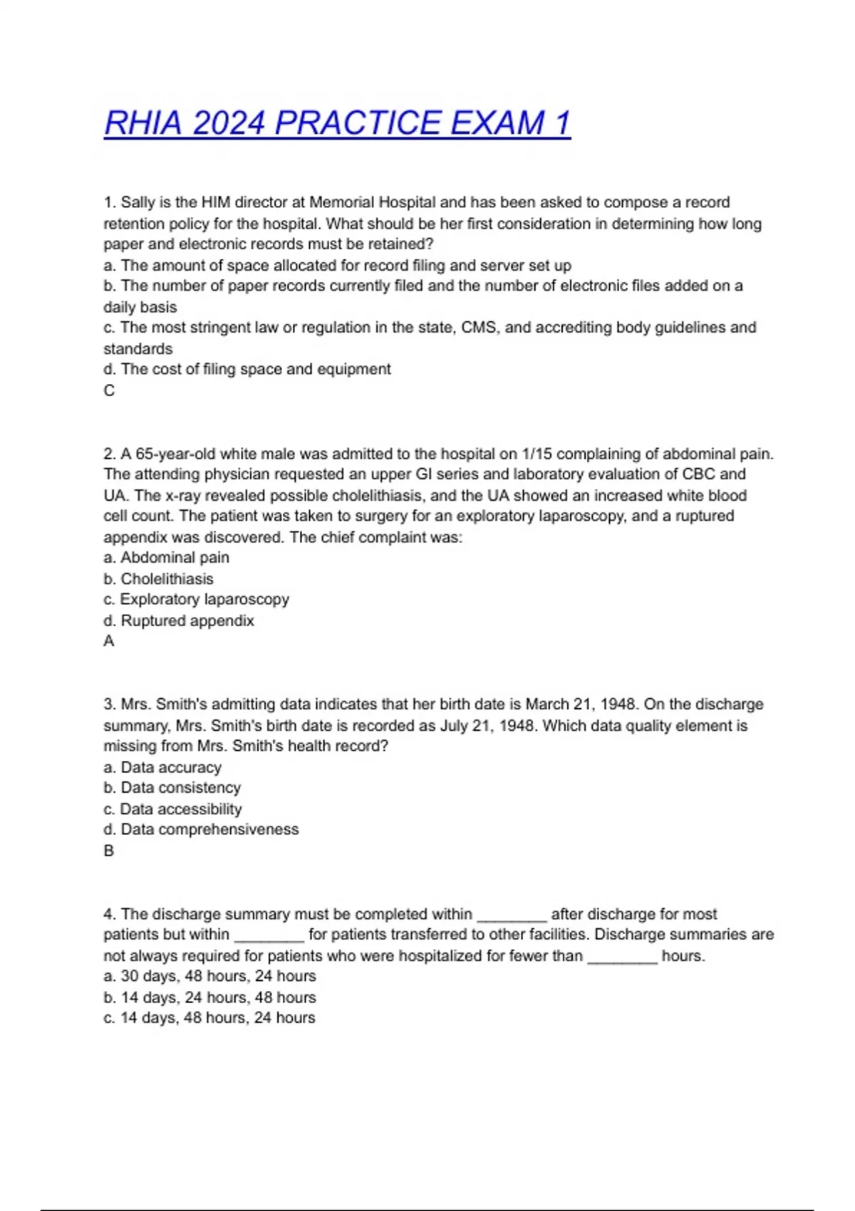 RHIA 2024 PRACTICE EXAM 1 Questions and Answers 2024/2025( A+ GRADED 100% VERIFIED). - RHIA 2024 ...