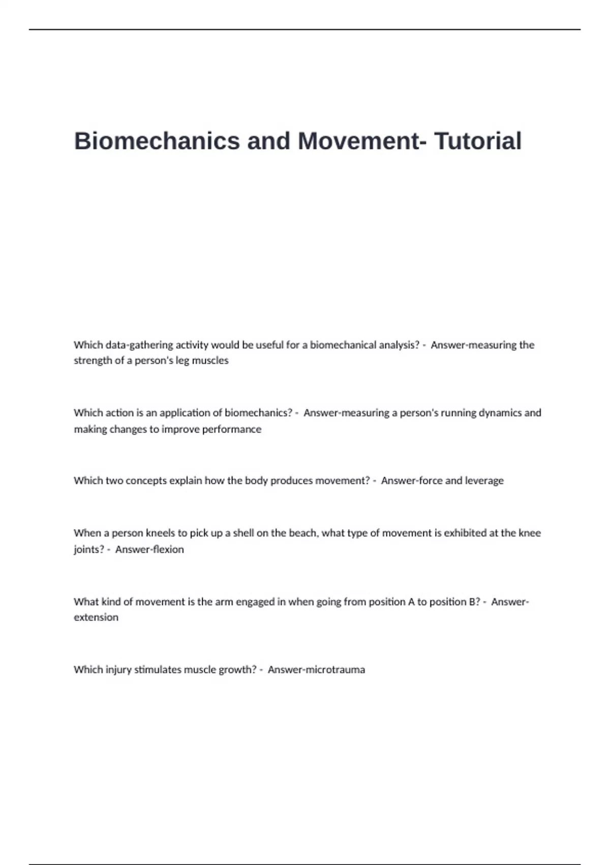 Biomechanics and Movement Test Questions and Answers- Tutorial ...
