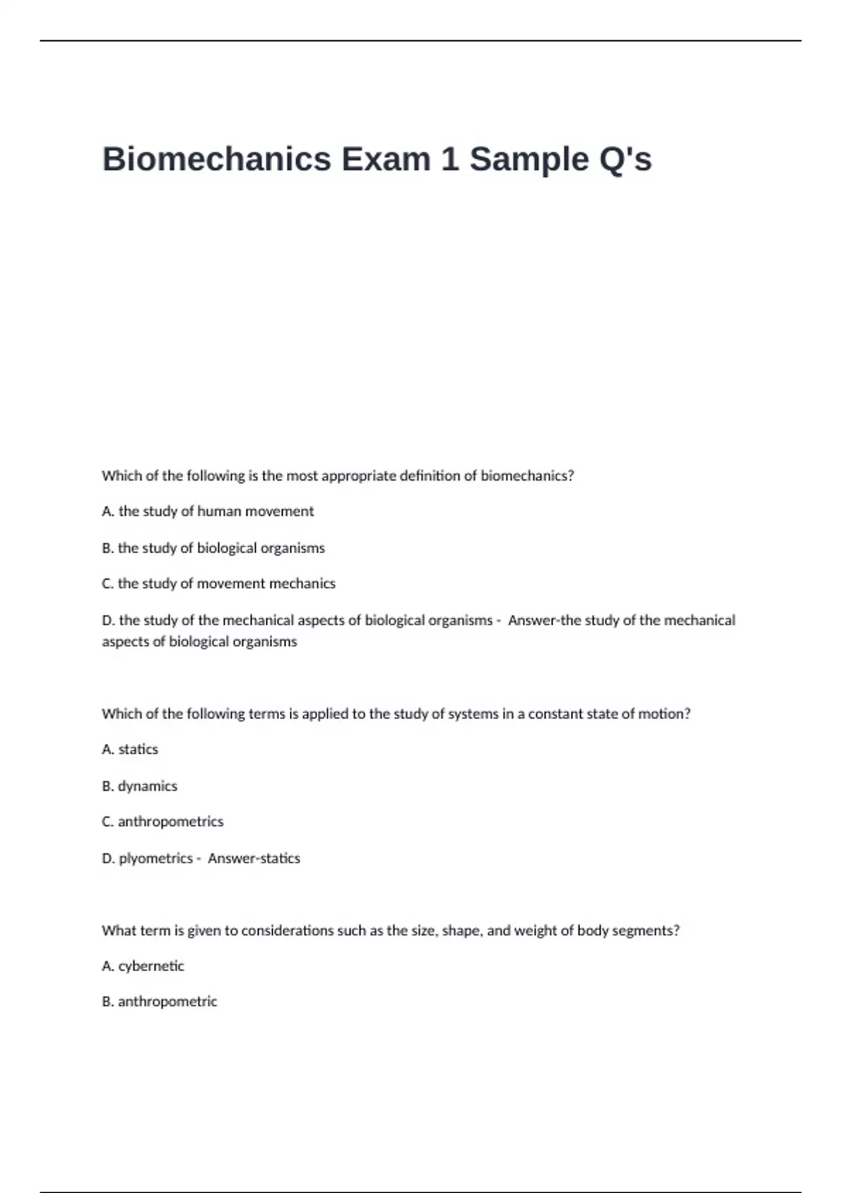 Biomechanics Exam 1 Sample Questions and Answers - Biomechanics - Stuvia US