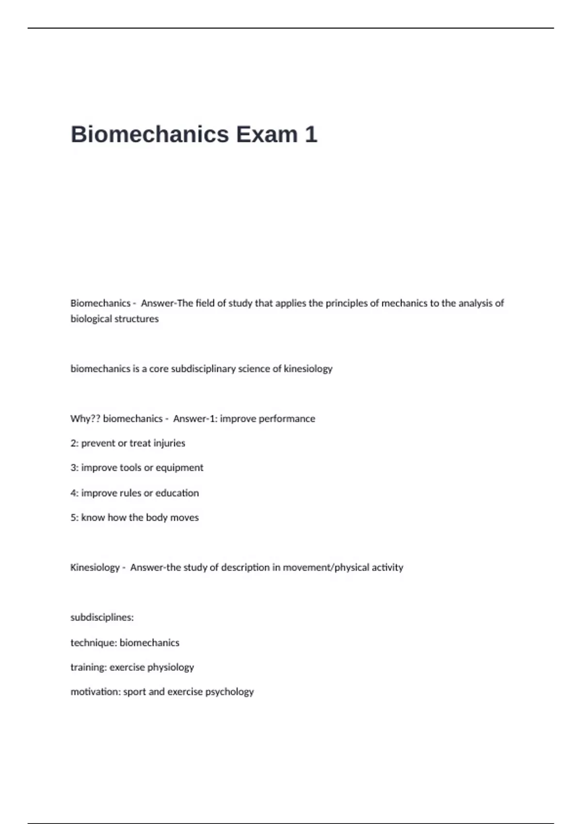Biomechanics Exam 1 Questions and Answers - Biomechanics - Stuvia US