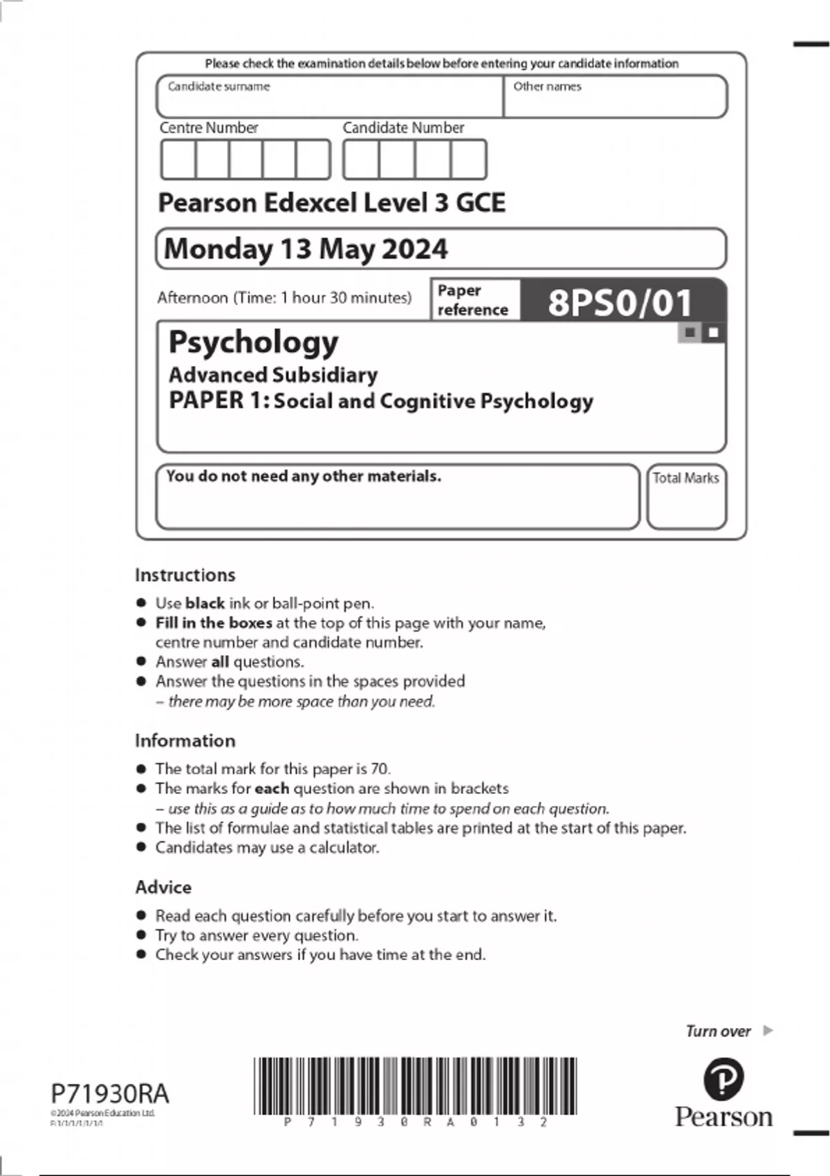 2024 GCE Pearson Edexcel Level 3 GCE Psychology Advanced Subsidiary PAPER 1: Social and ...