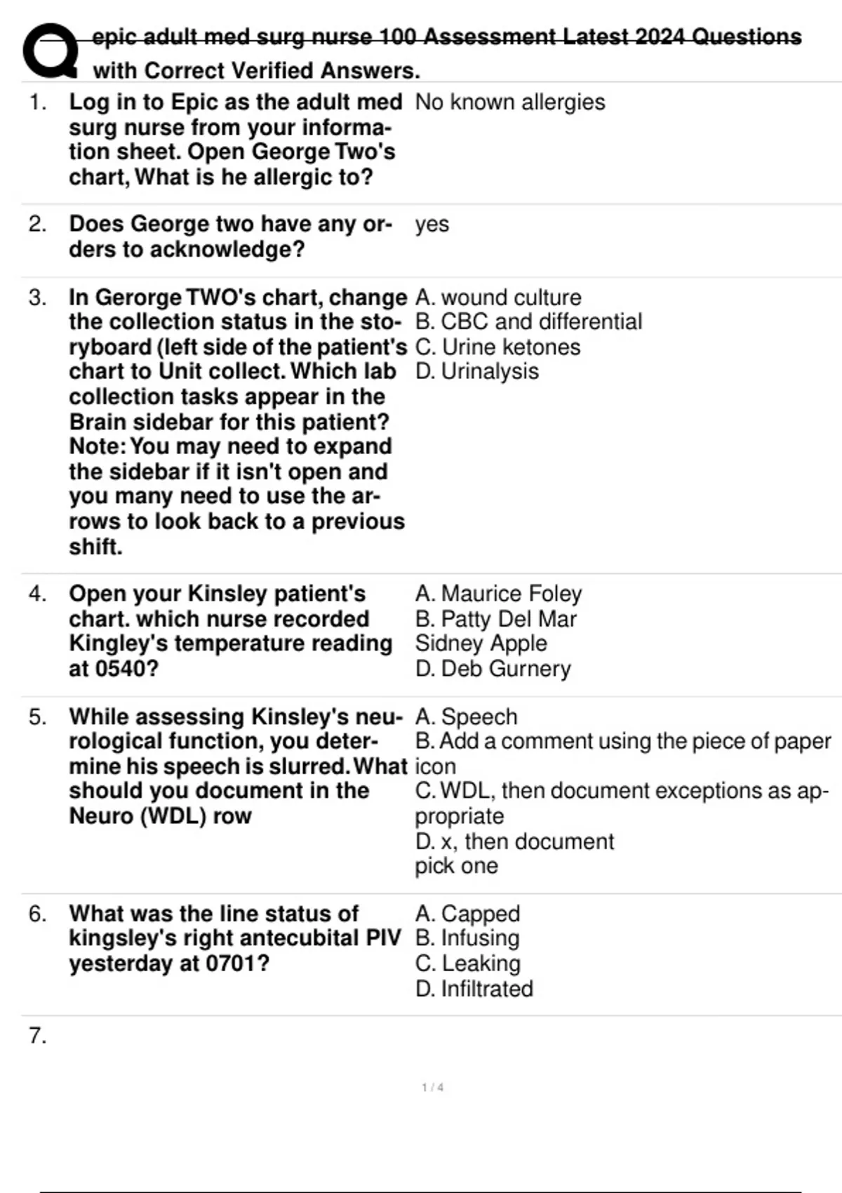 epic adult med surg nurse 100 Assessment Latest 2024 Questions with ...