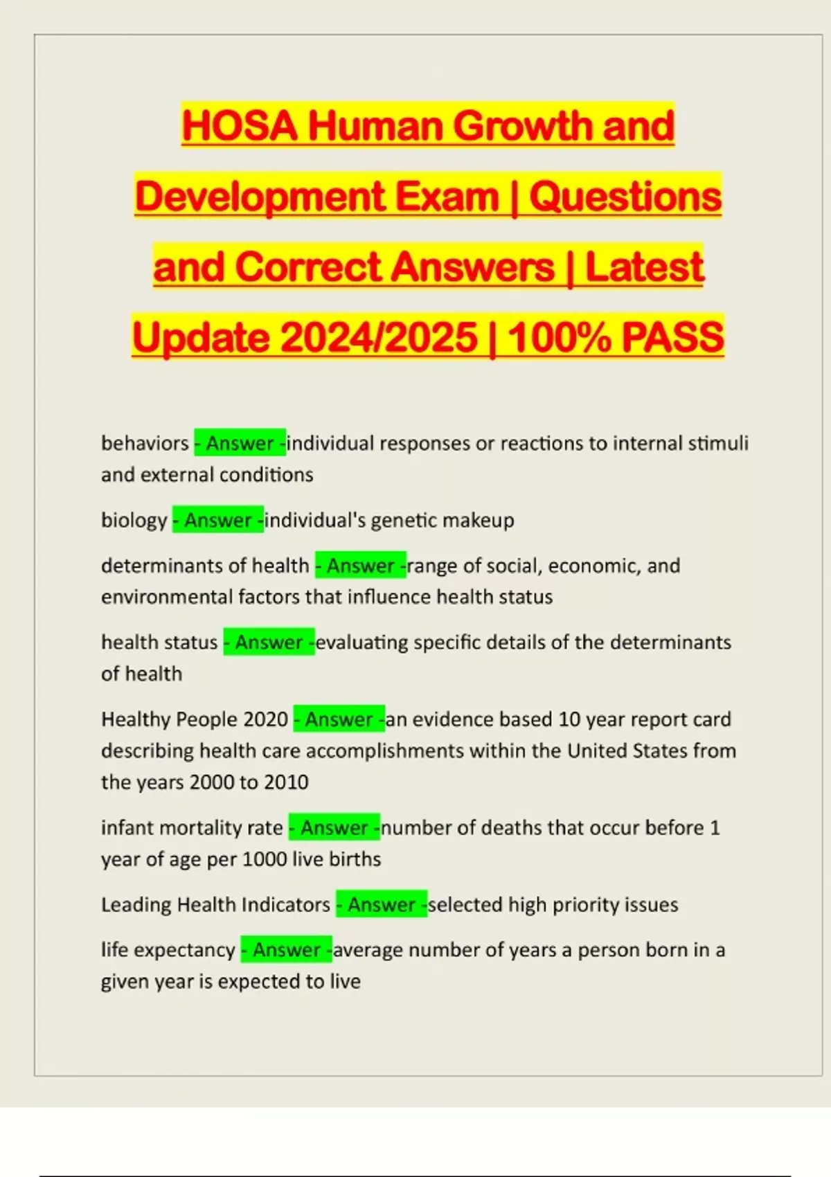HOSA Human Growth and Development Exam | Questions and Correct Answers ...