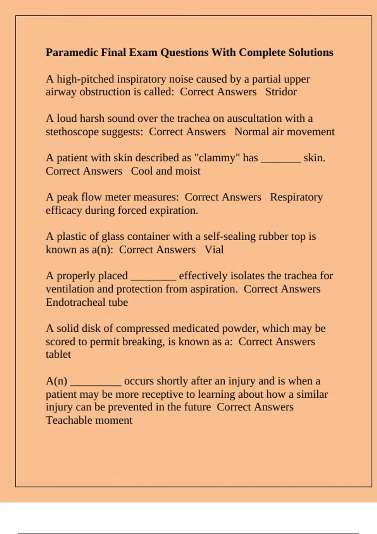 Paramedic Final Exam Questions With Complete Solutions - Paramedics ...