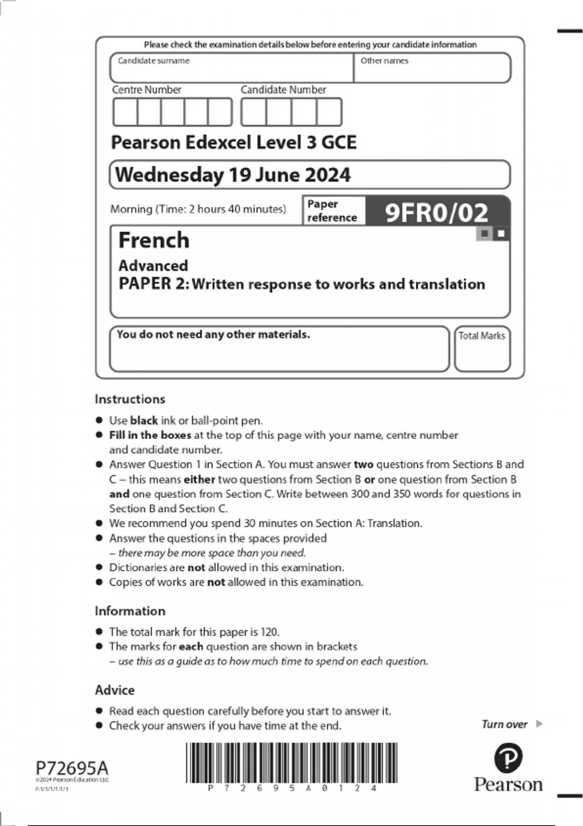 2024 GCE Pearson Edexcel Level 3 GCE French Advanced PAPER 2: Written ...
