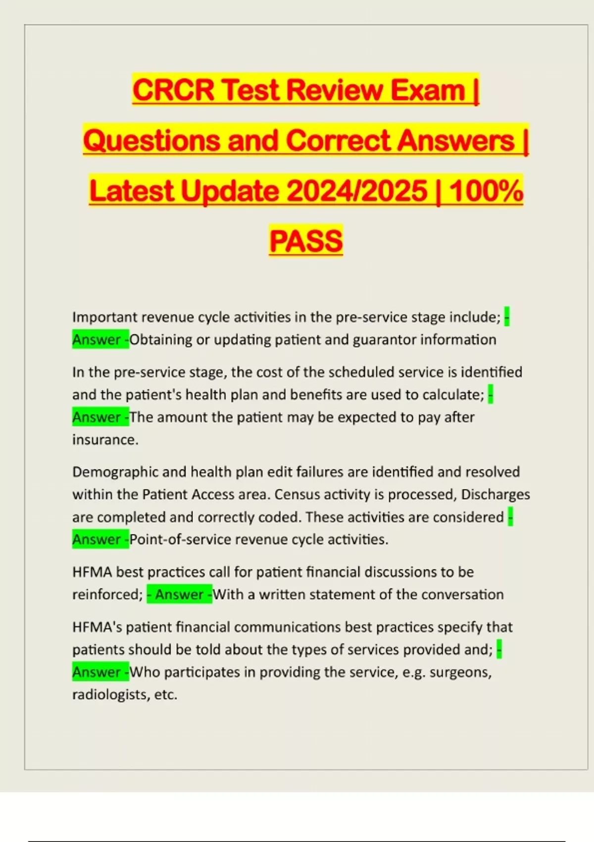 CRCR Test Review Exam | Questions and Correct Answers | Latest Update ...