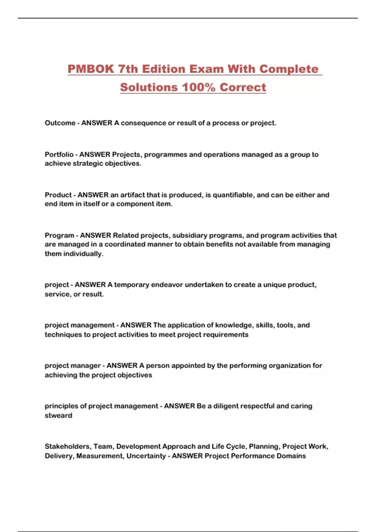 PMBOK 7th Edition Exam With Complete Solutions 100% Correct - PMBOK 7th ...