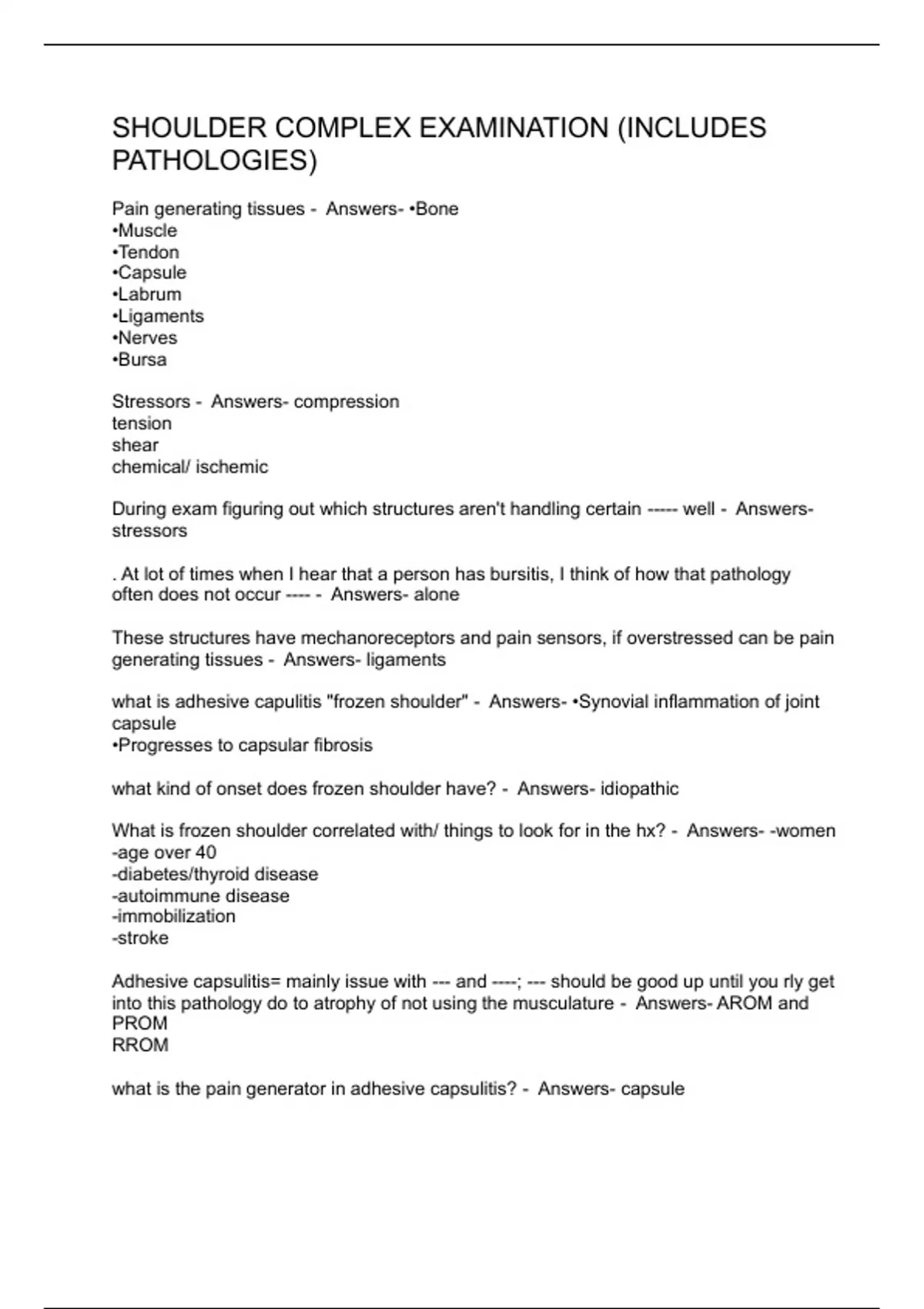SHOULDER COMPLEX EXAMINATION (INCLUDES PATHOLOGIES) - SHOULDER COMPLEX ...