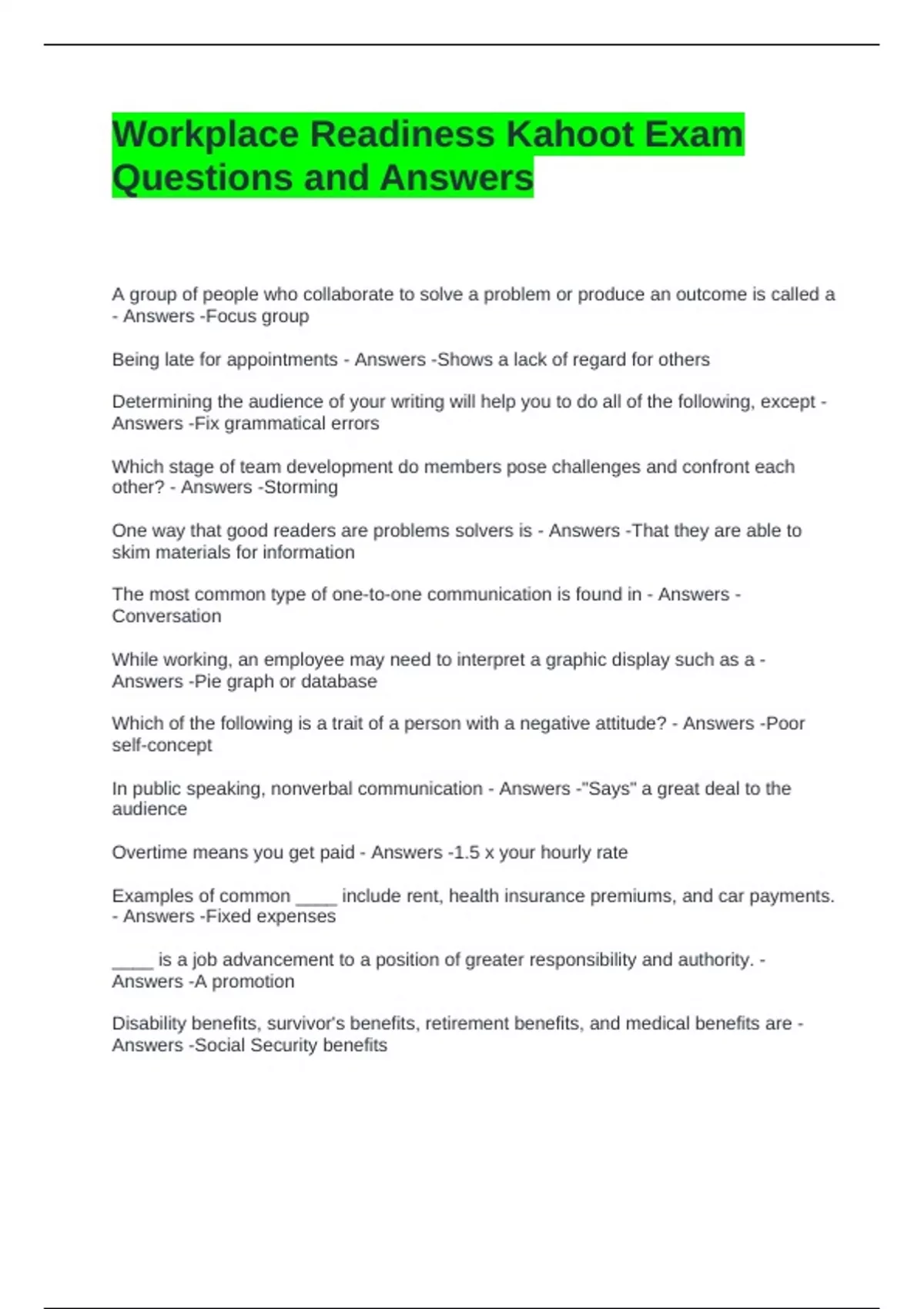 Workplace Readiness Kahoot Exam Questions and Answers - Workplace ...