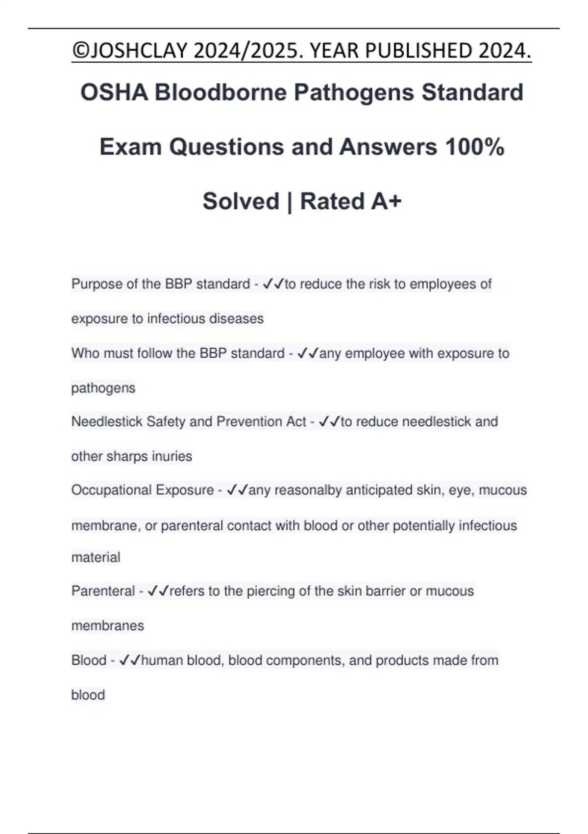 OSHA Bloodborne Pathogens Standard Exam Questions and Answers 100% ...