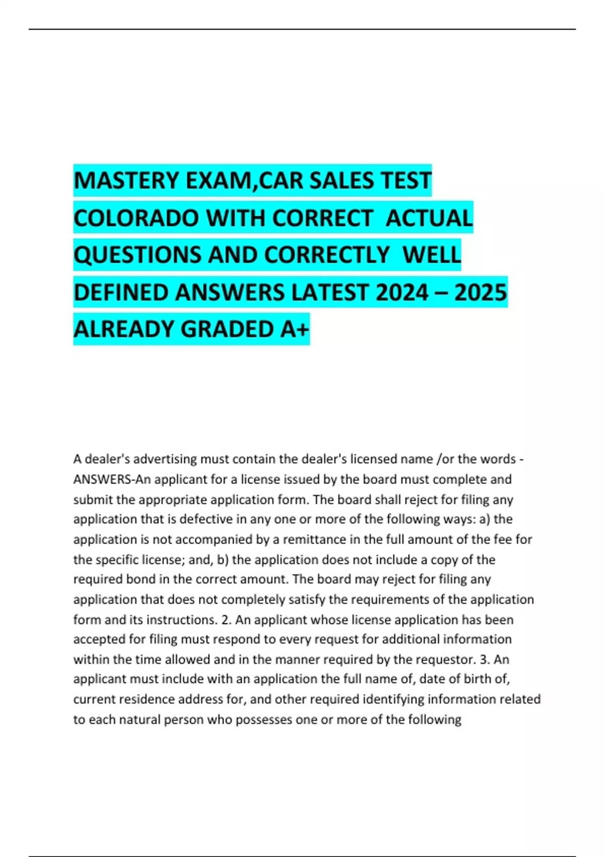 MASTERY EXAM,CAR SALES TEST COLORADO WITH CORRECT ACTUAL QUESTIONS AND ...