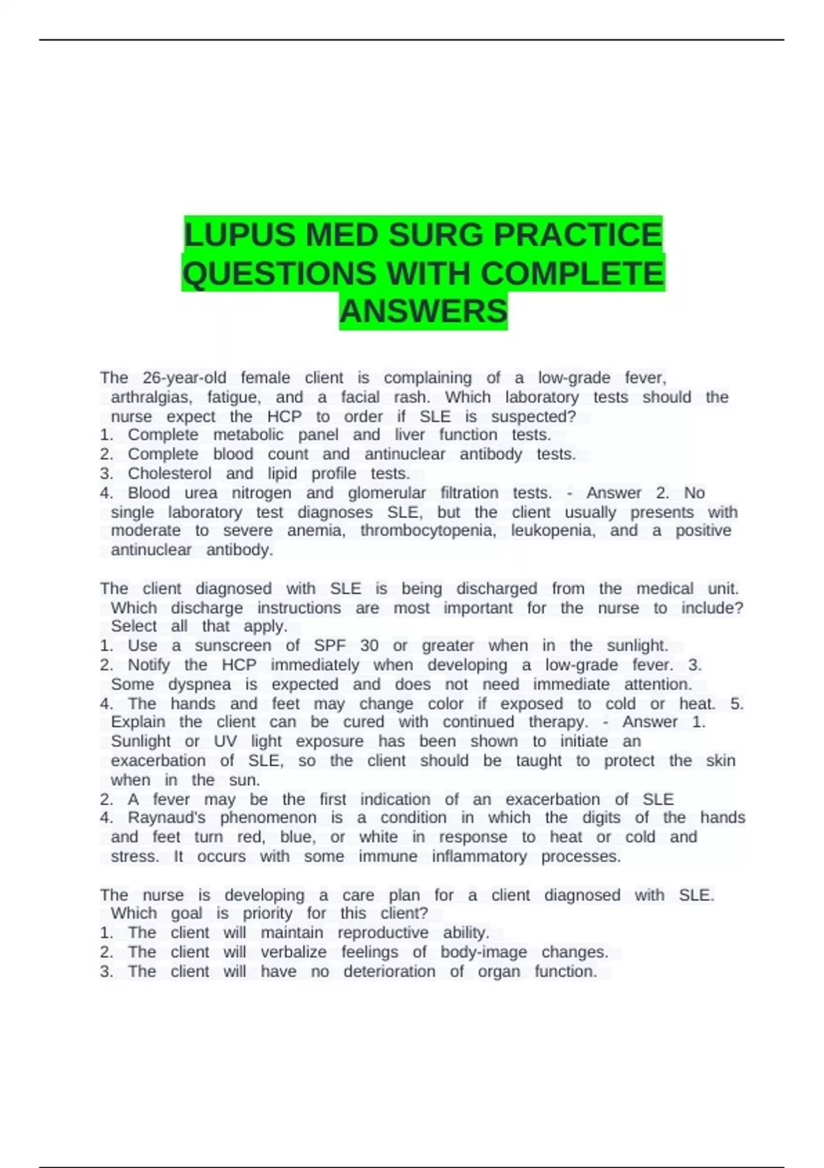 LUPUS MED SURG PRACTICE QUESTIONS WITH COMPLETE ANSWERS - LUPUS NCLEX ...