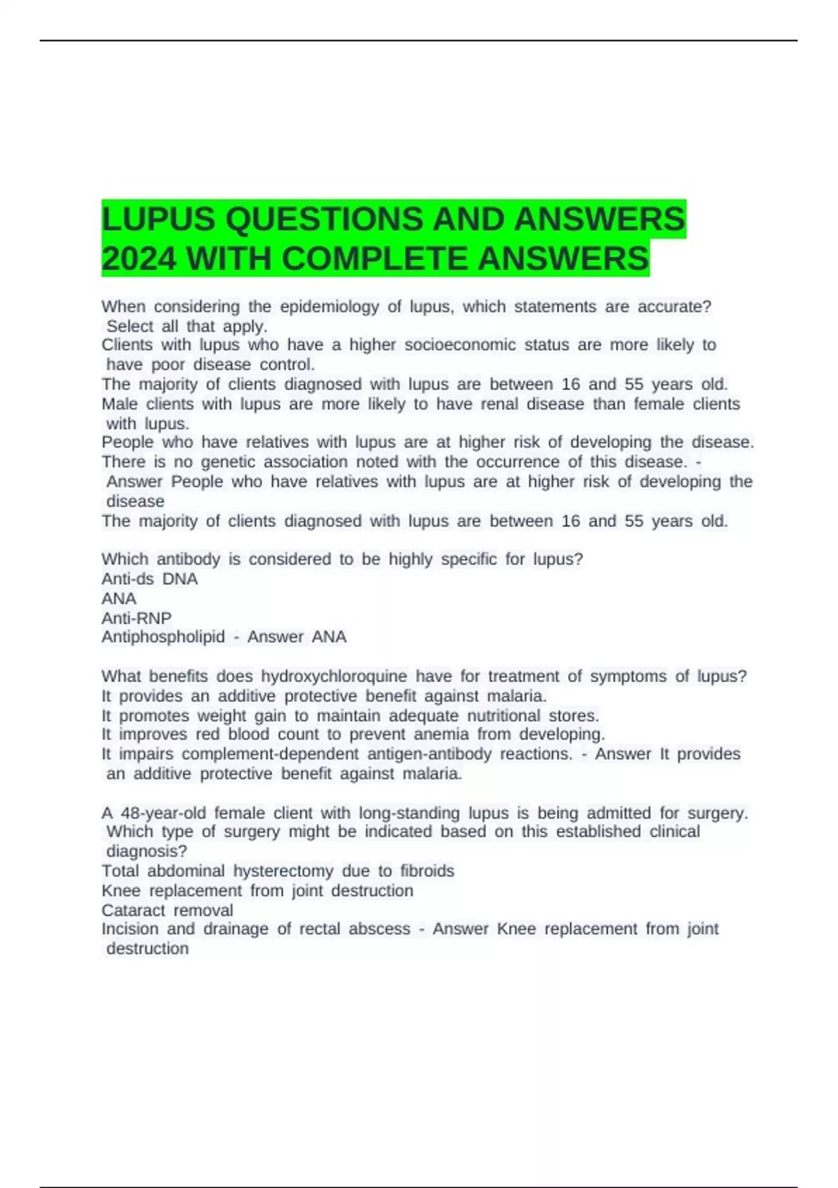 LUPUS QUESTIONS AND ANSWERS 2024 WITH COMPLETE ANSWERS - LUPUS NCLEX ...