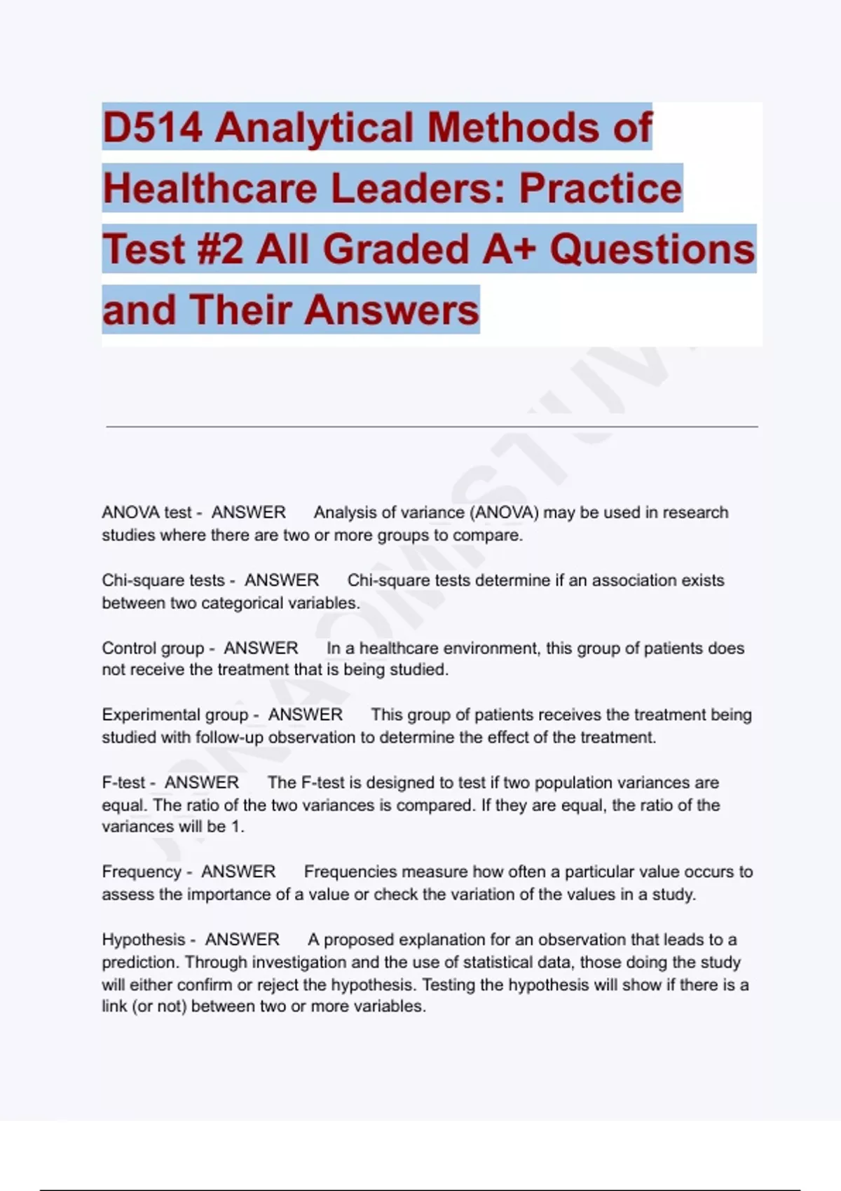 WGU D514 Analytical Methods of Healthcare Leaders: Practice Test #2 All ...