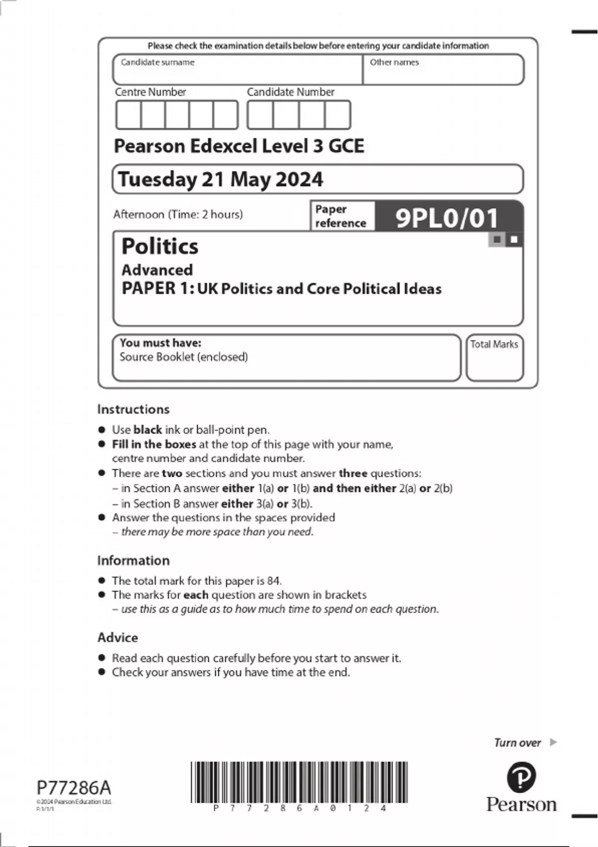 2024 GCE Pearson Edexcel Level 3 GCE Politics Advanced PAPER 1: UK ...
