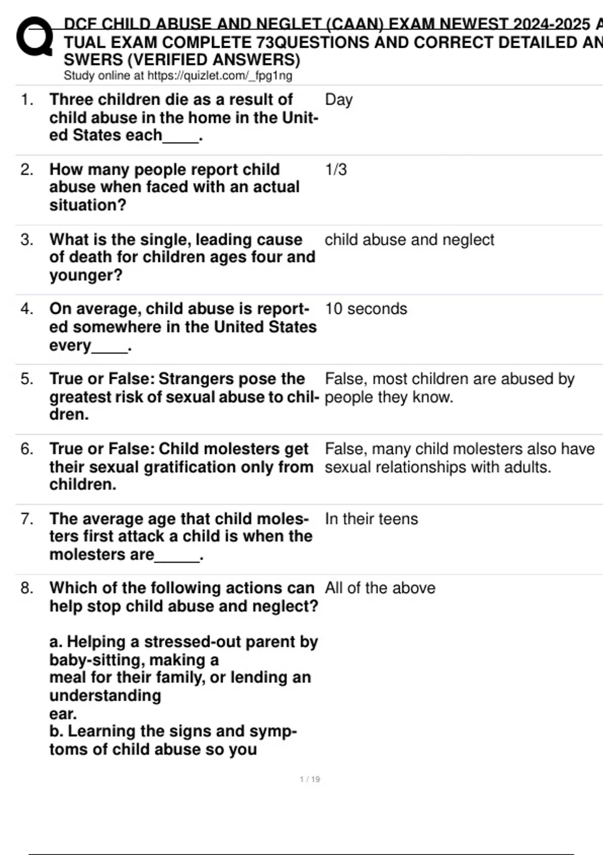 DCF CHILD ABUSE AND NEGLET (CAAN) EXAM NEWEST AC TUAL EXAM COMPLETE ...