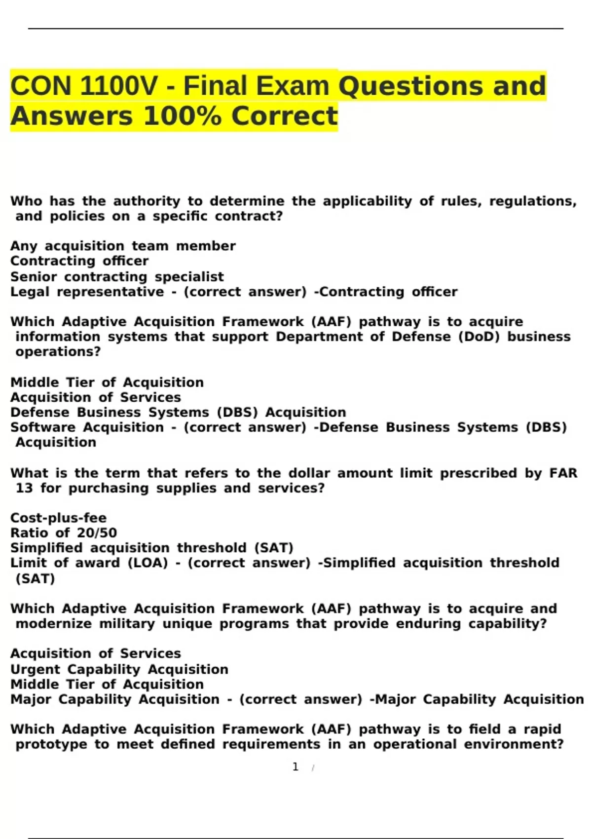 Package deal for CON 1100V - Final Exam Questions with 100% Correct ...