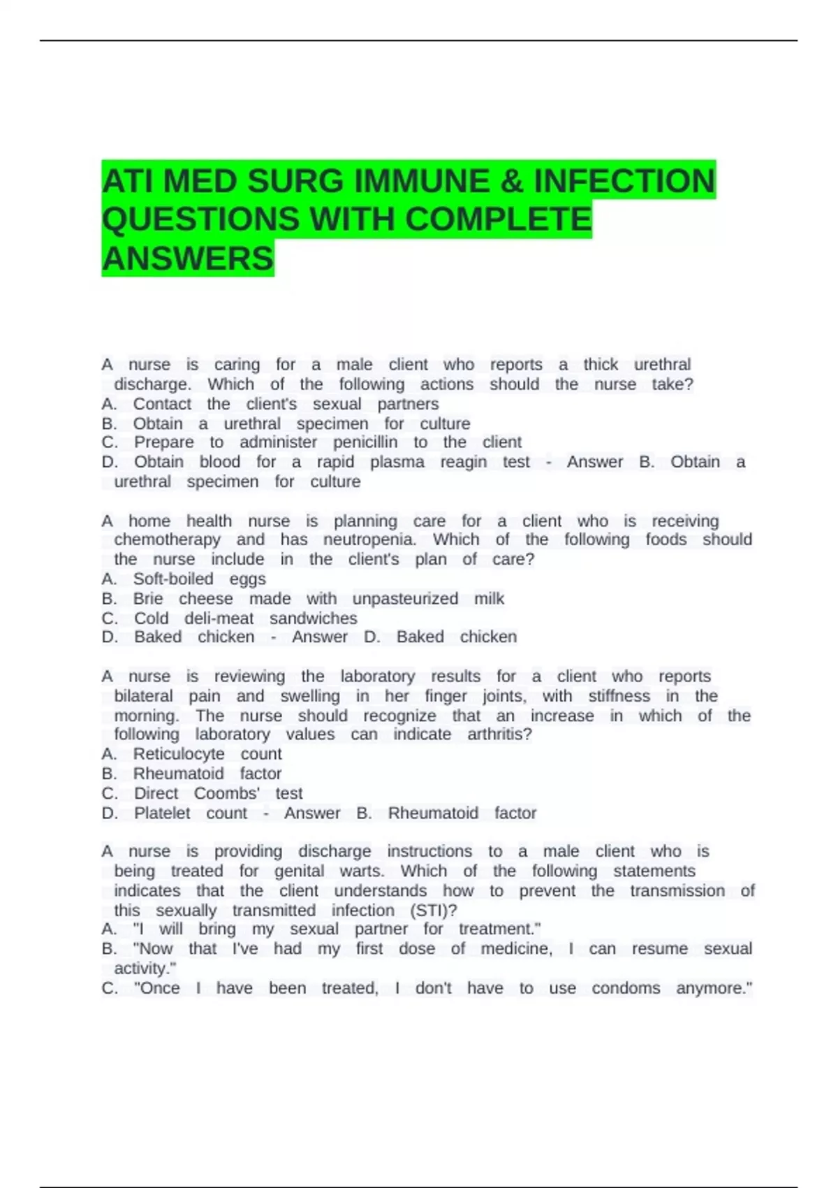 ATI MED SURG IMMUNE & INFECTION QUESTIONS WITH COMPLETE ANSWERS - LUPUS ...