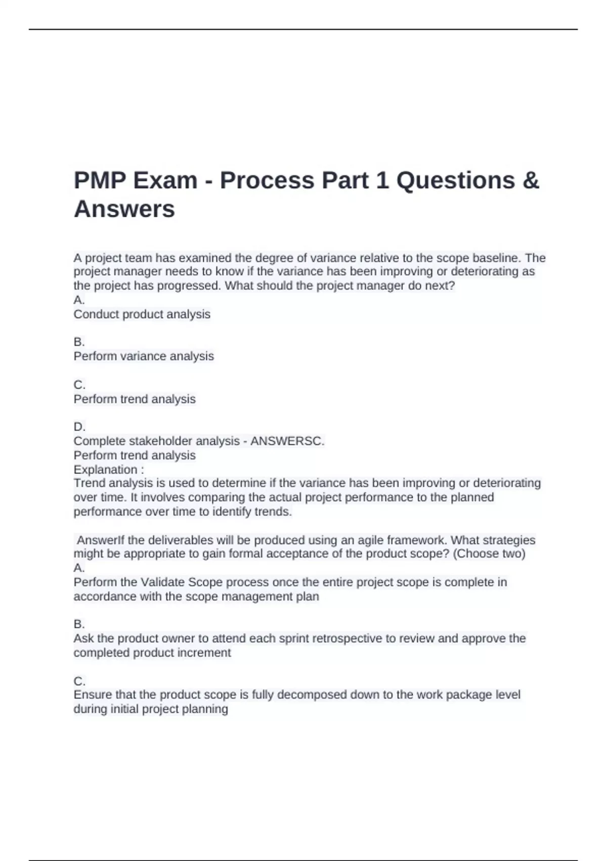 PMP Exam - Process Part 1 Questions & Answers - PMP - Stuvia US