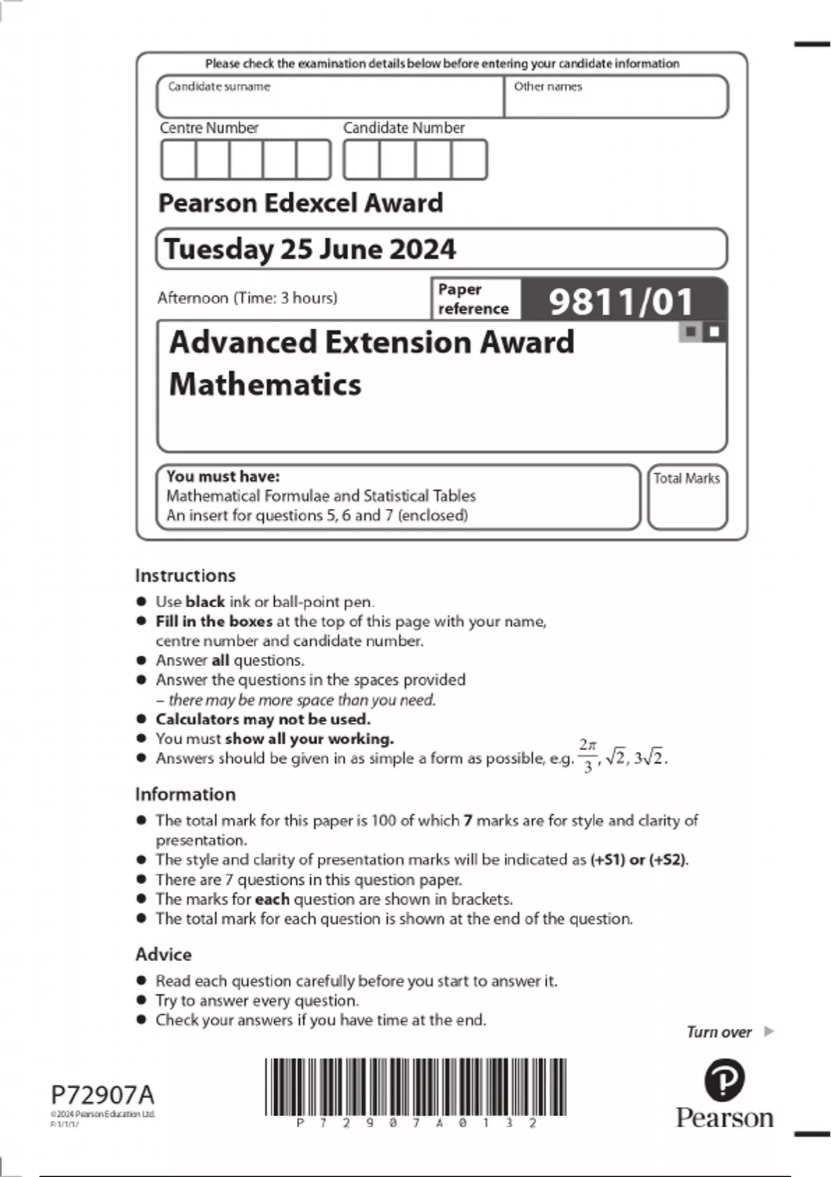 2024 GCE Pearson Edexcel Award Advanced Extension Award Mathematics ...