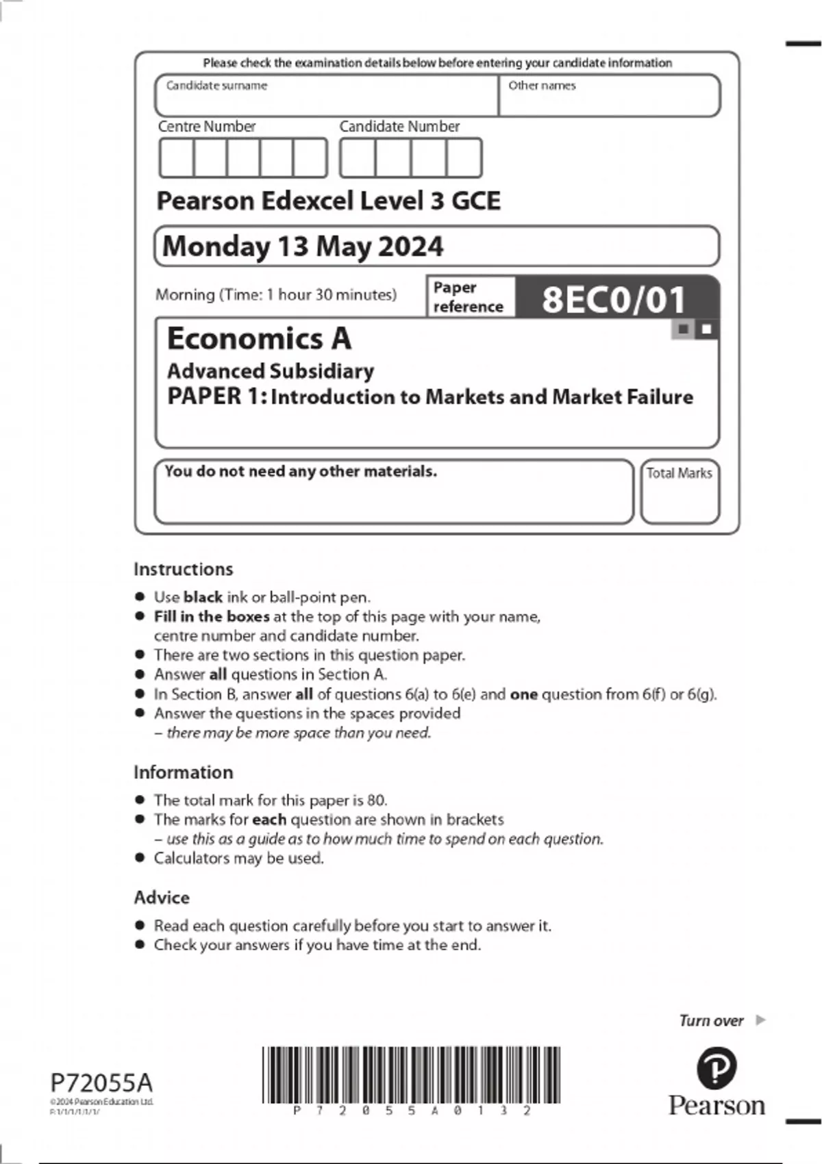 2024 GCE Pearson Edexcel Level 3 GCE Economics A Advanced Subsidiary ...