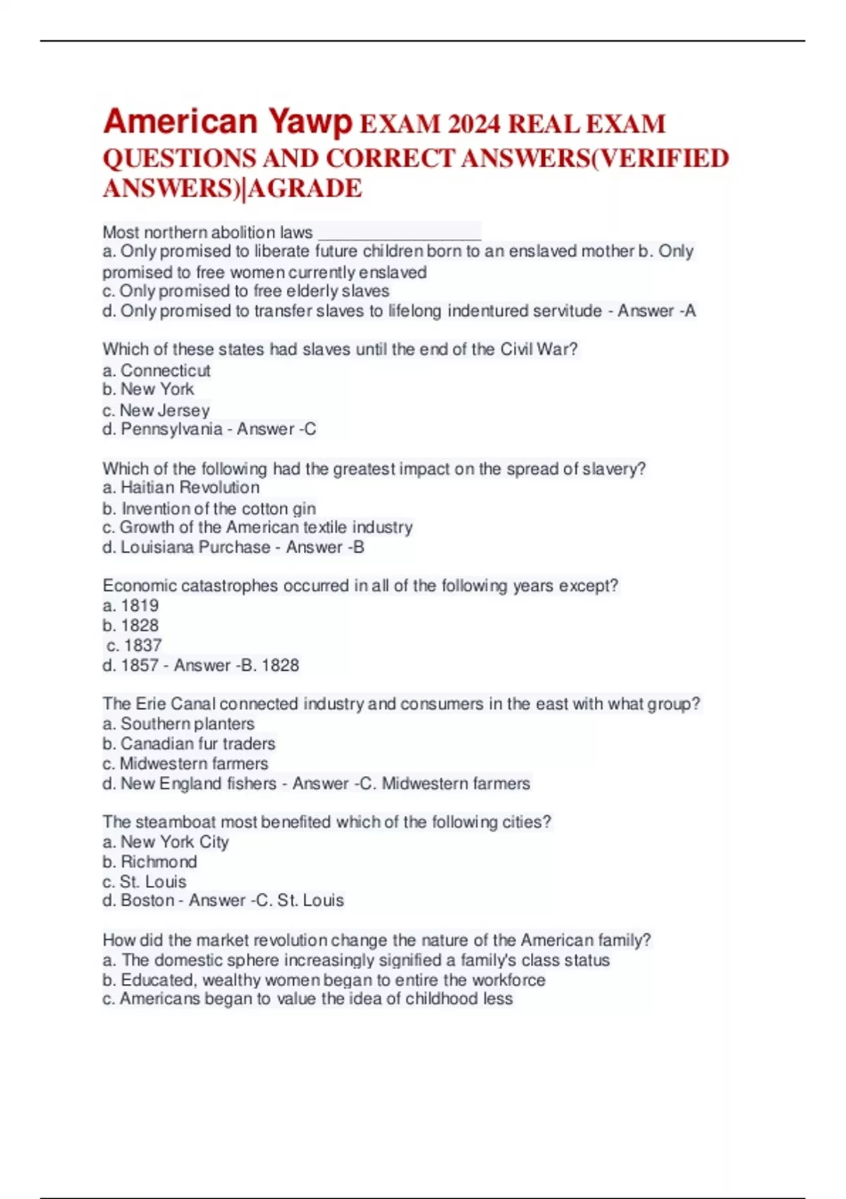 American Yawp EXAM 2024 REAL EXAM QUESTIONS AND CORRECT ANSWERS ...