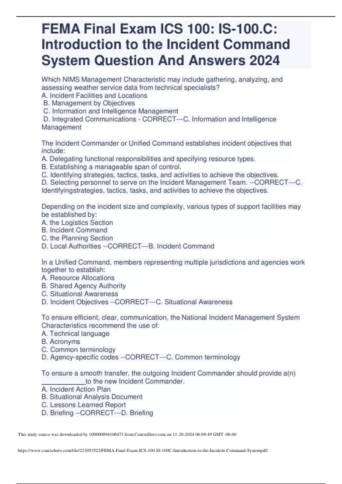FEMA Final Exam ICS 100: IS-100.C: Introduction to the Incident Command System Question And ...