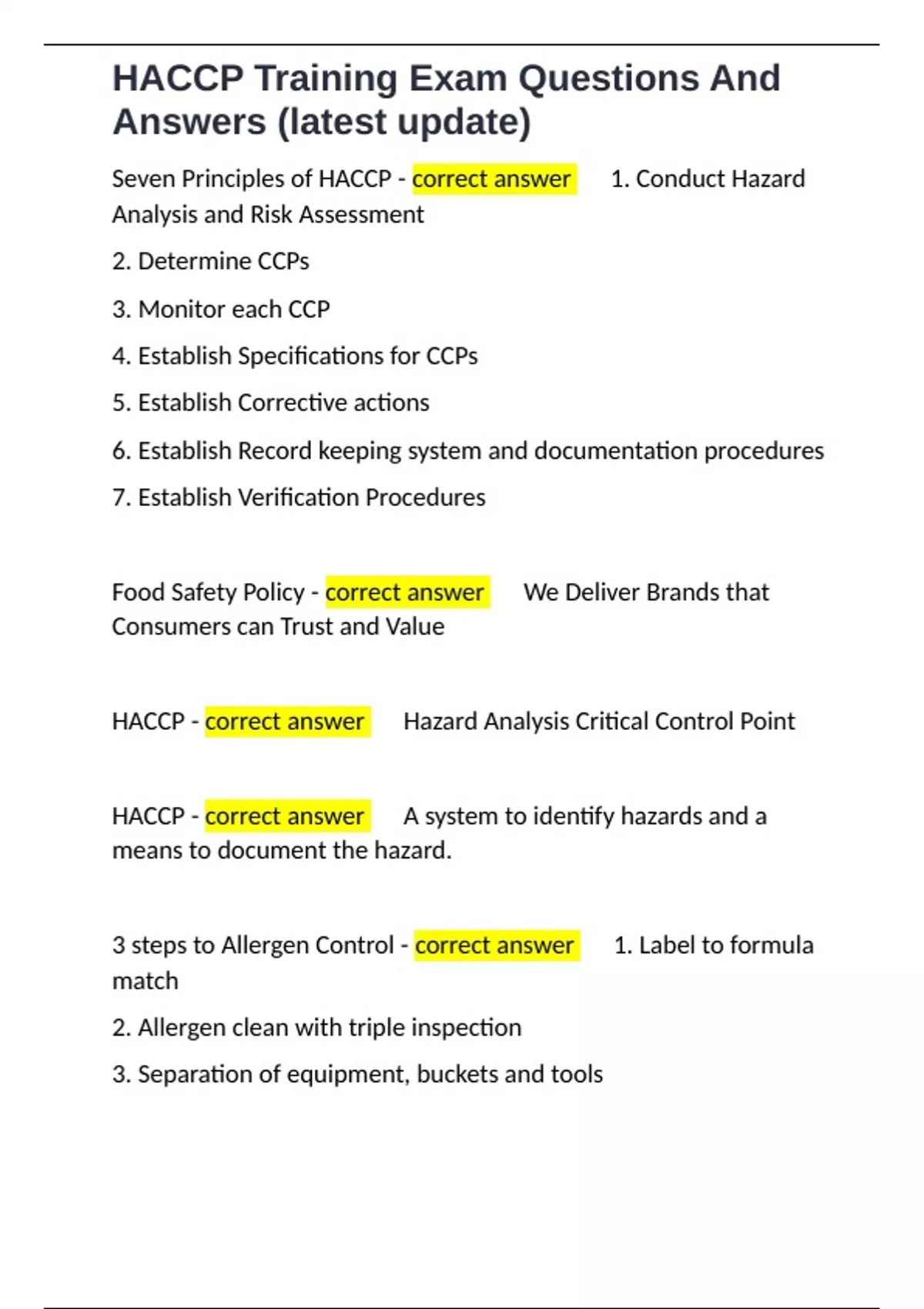 HACCP Training Exam Questions And Answers (latest update) - HACCP ...