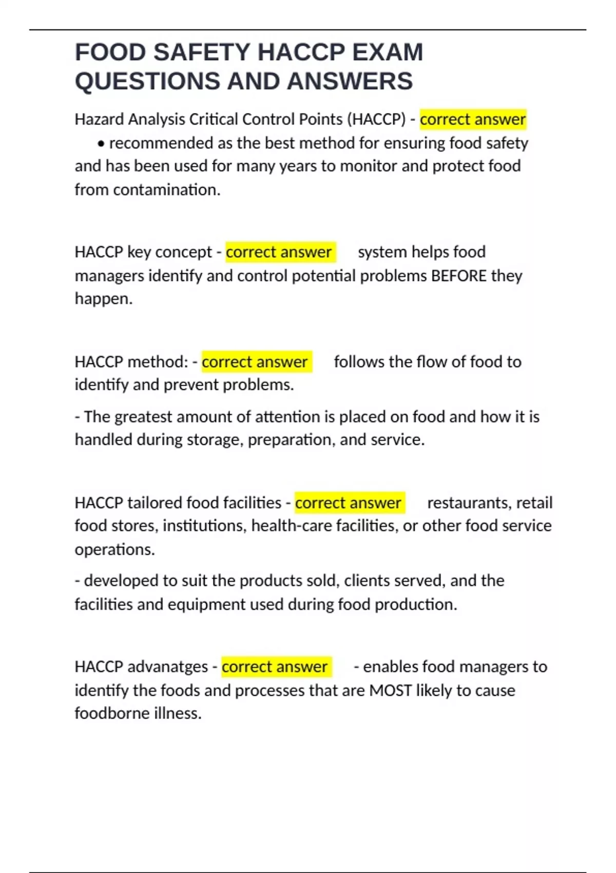 FOOD SAFETY HACCP EXAM QUESTIONS AND ANSWERS - FOOD SAFETY HACCP ...