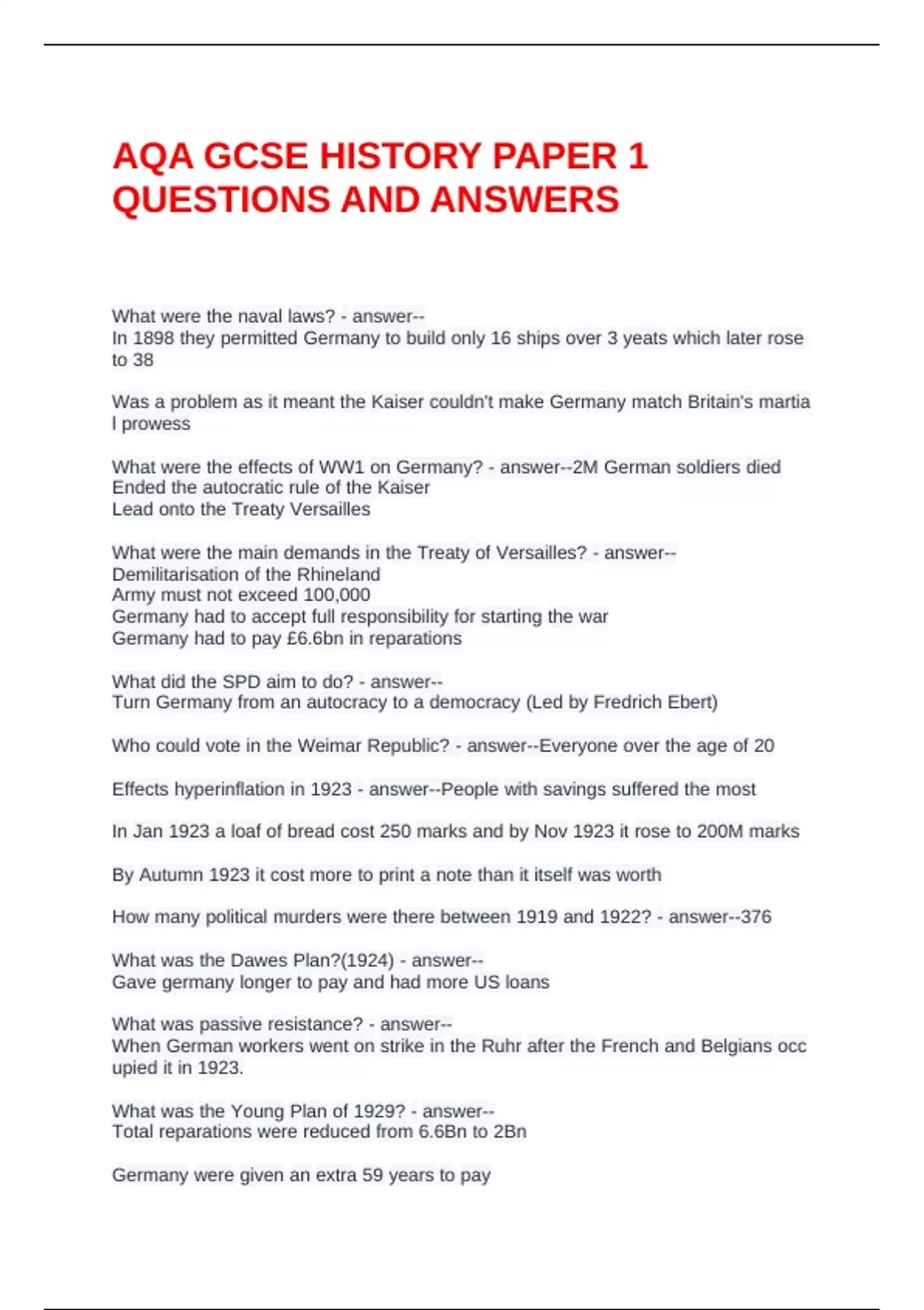 AQA GCSE HISTORY PAPER 1 QUESTIONS AND ANSWERS - Stuvia US