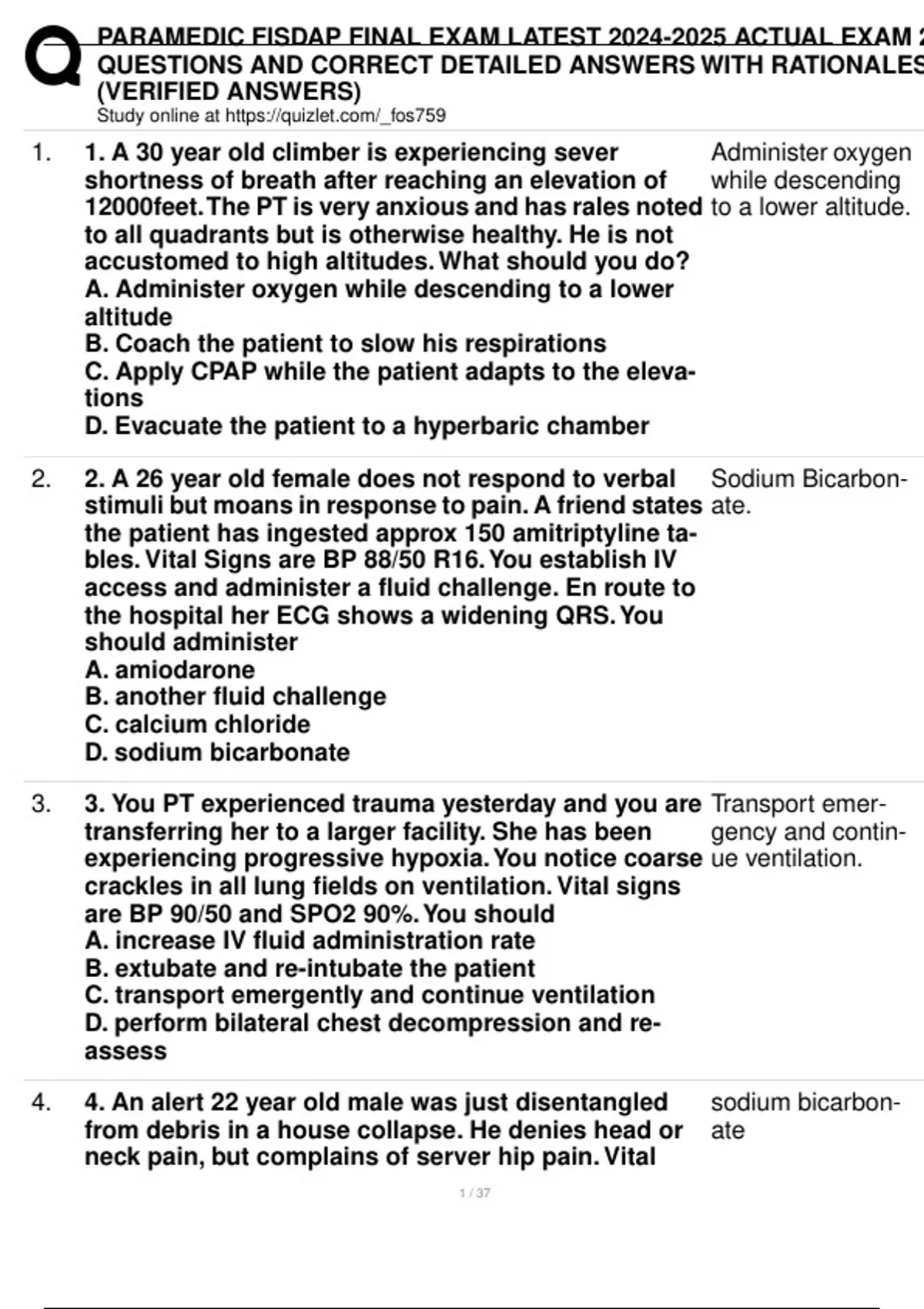 PARAMEDIC FISDAP FINAL EXAM LATEST ACTUAL EXAM 200 questions with ...