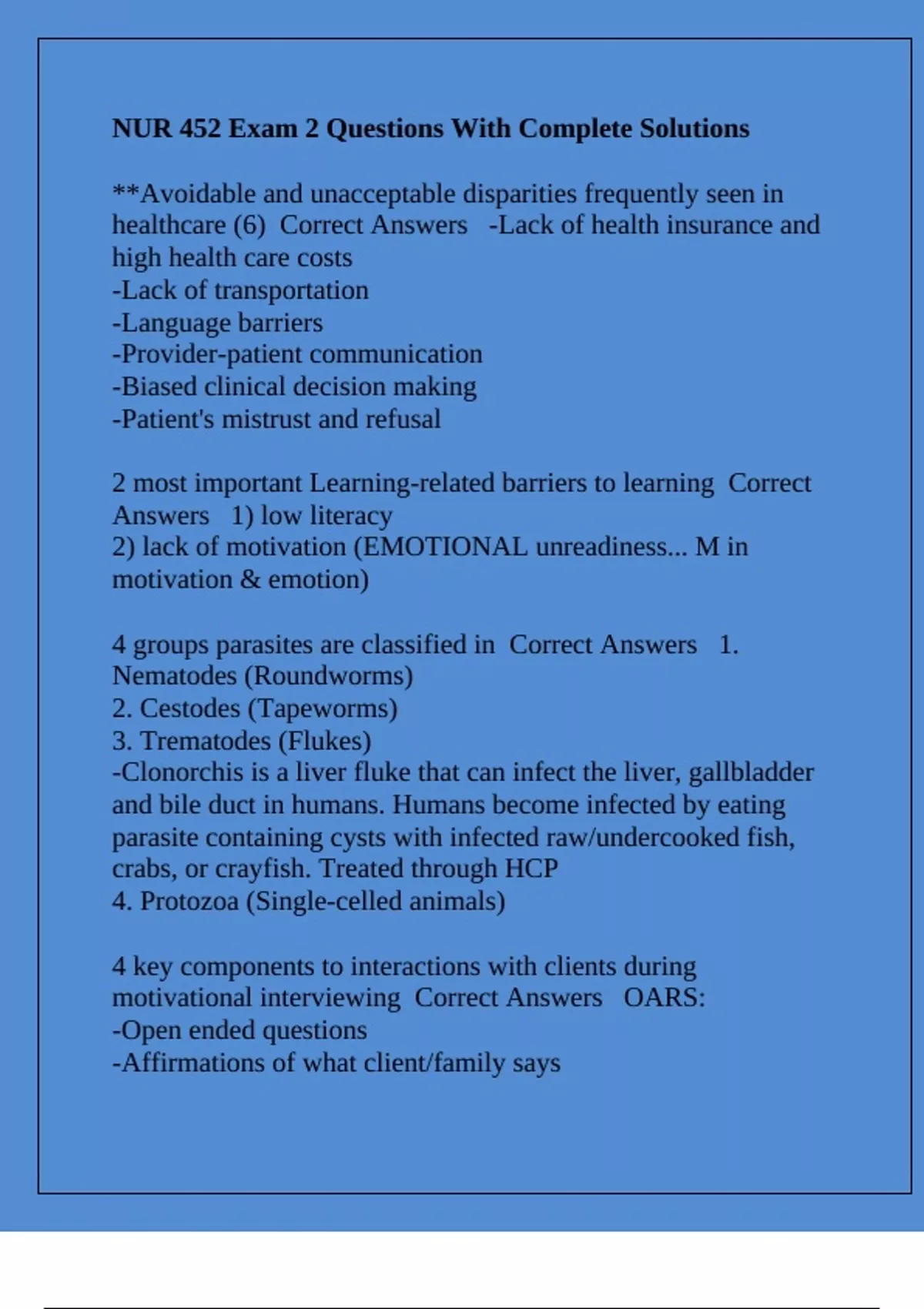 NUR 452 Exam 2 Questions With Complete Solutions - NUR 452 - Stuvia US