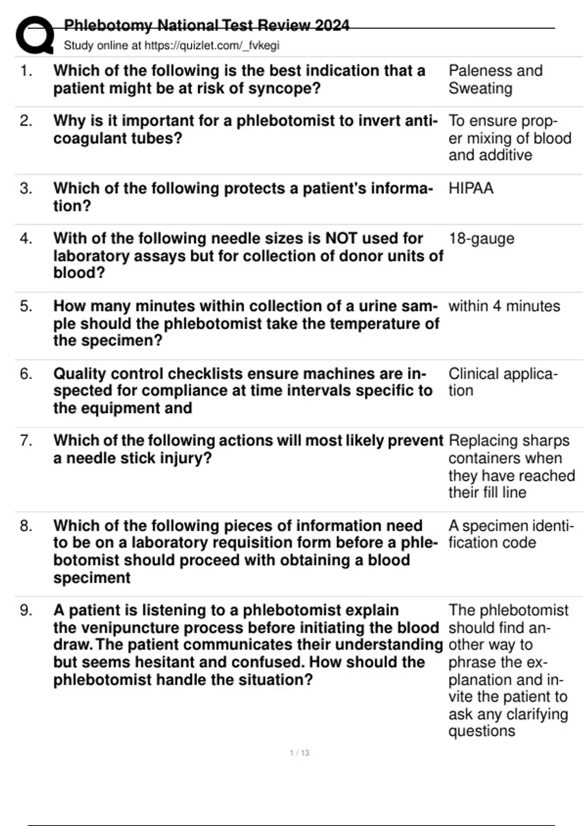 Phlebotomy National Test Review 2024 questions with correct answers ...