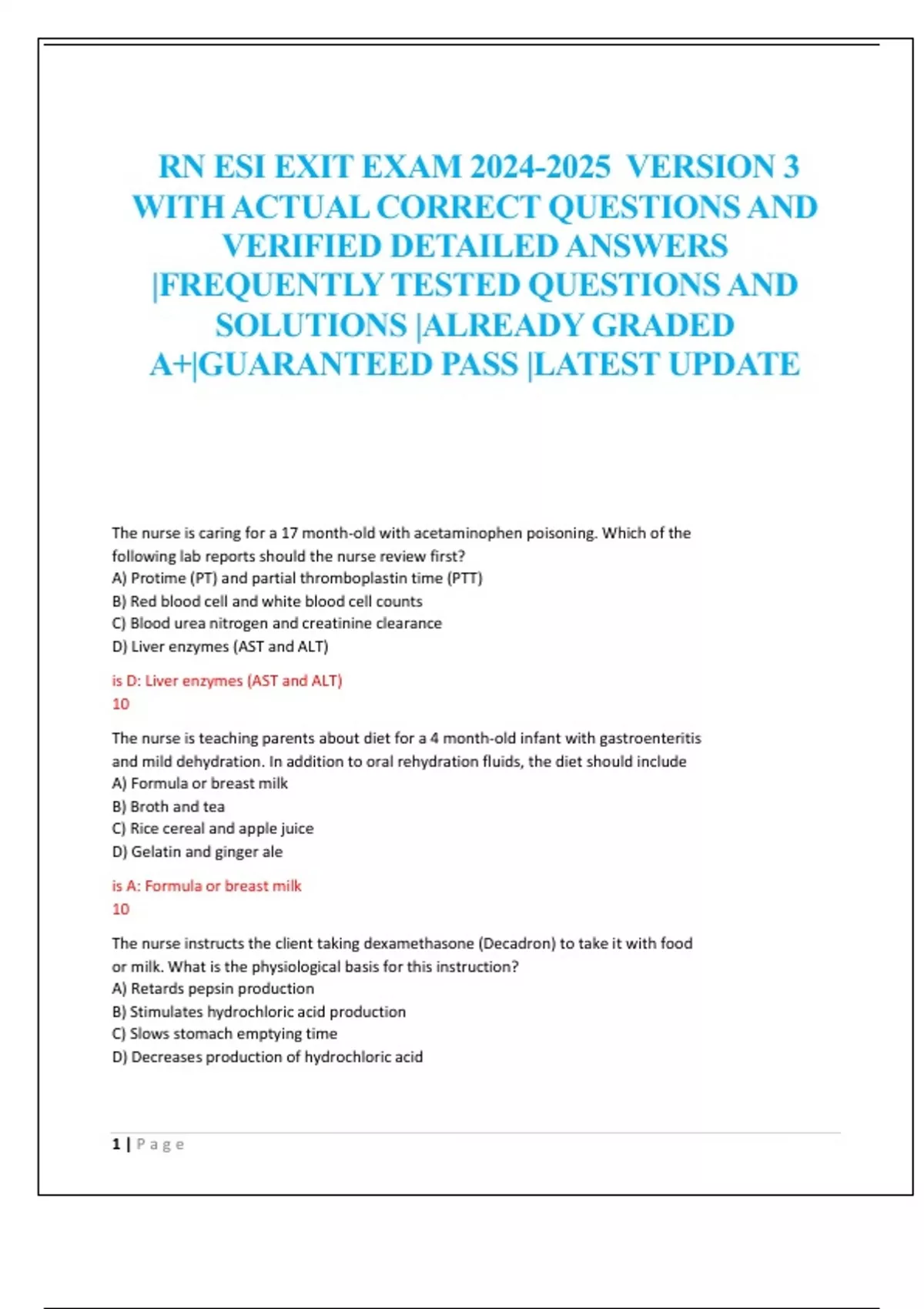 RN ESI EXIT EXAM VERSION 3 WITH ACTUAL CORRECT QUESTIONS AND VERIFIED ...