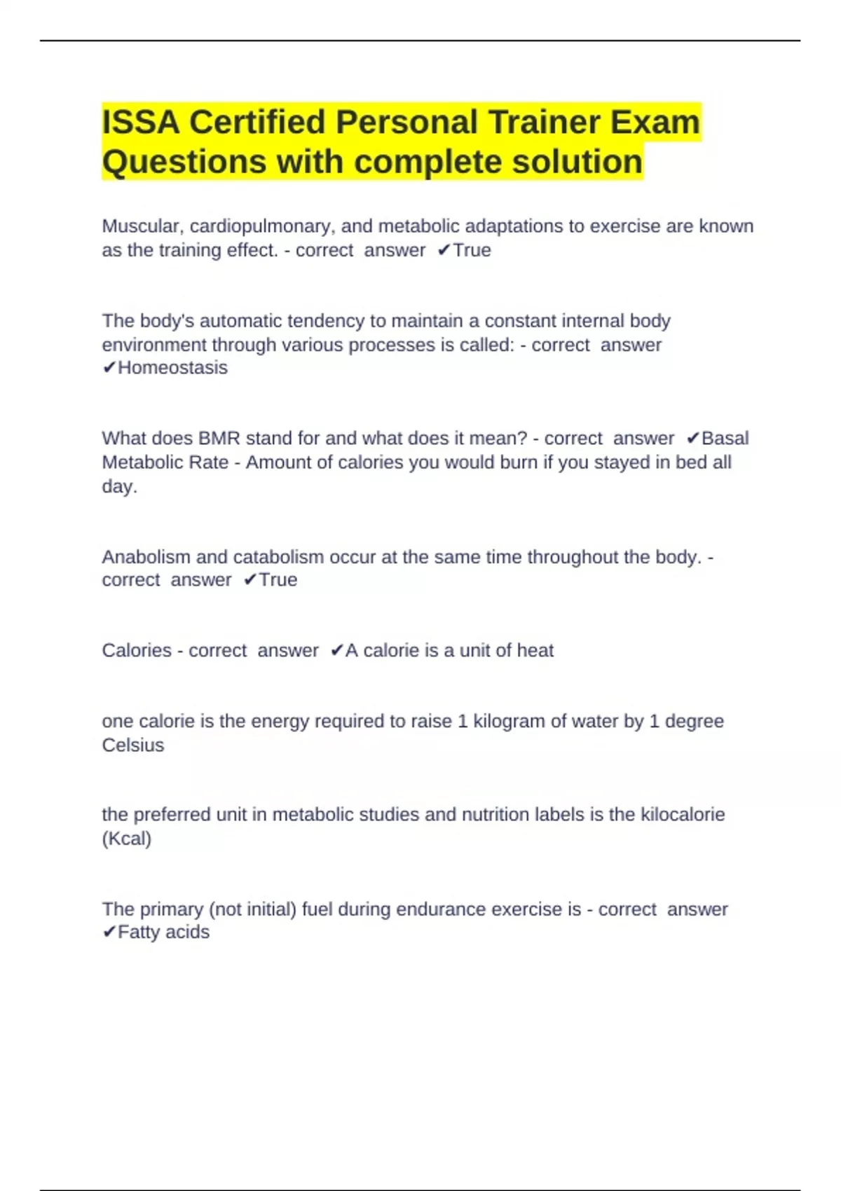 ISSA Certified Personal Trainer Exam Questions with complete solution ...