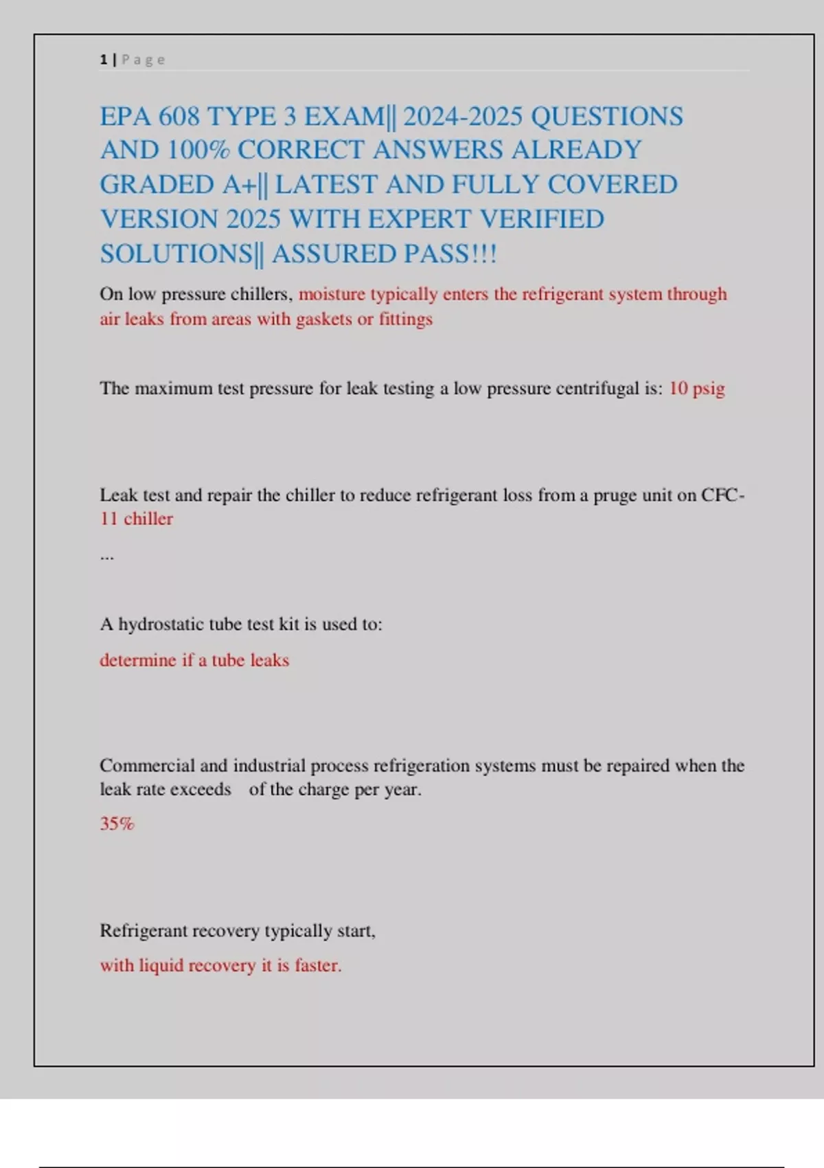 EPA 608 TYPE 3 EXAM|| QUESTIONS AND 100% CORRECT ANSWERS ALREADY GRADED ...