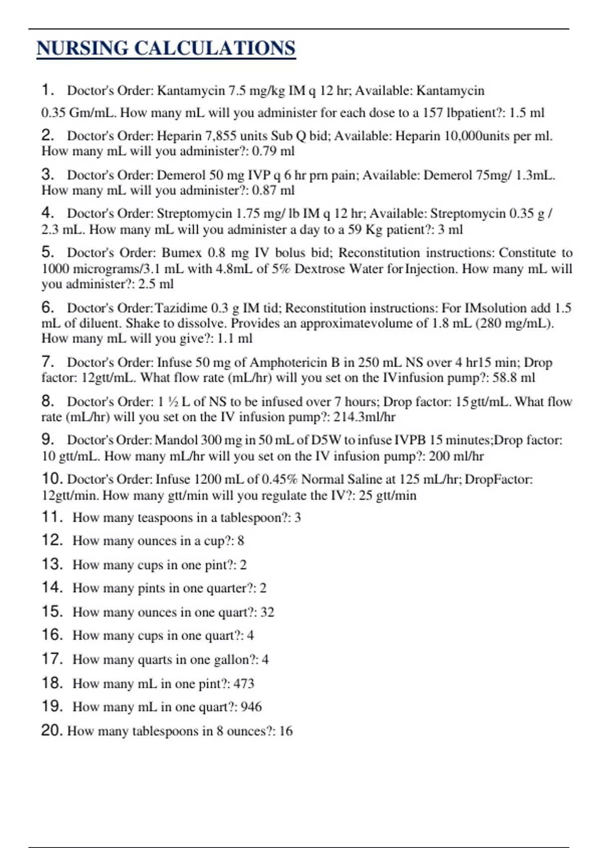 NURSING CALCULATIONS ( LATEST 2024 / 2025 ) ACTUAL QUESTIONS AND ...