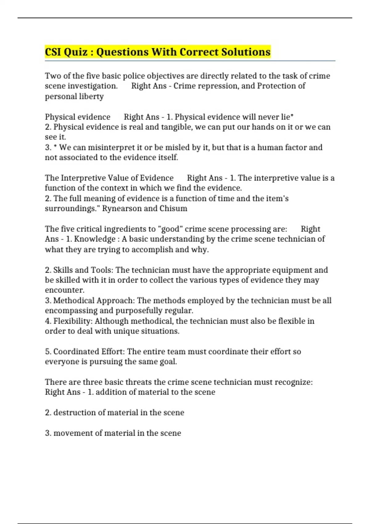 CSI Quiz : Questions With Correct Solutions - CSI - Stuvia US