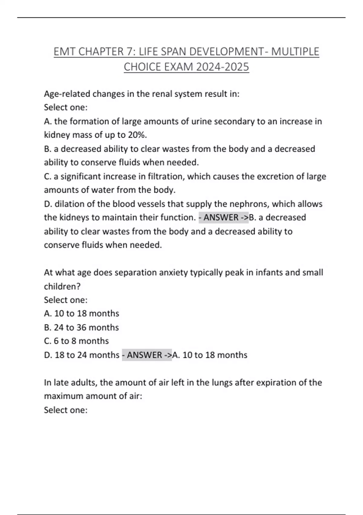 EMT CHAPTER 7: LIFE SPAN DEVELOPMENT - MULTIPLE CHOICE EXAM - Nursing - Stuvia US