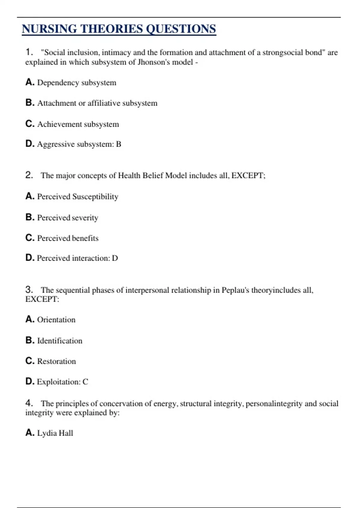 NURSING THEORIES QUESTIONS ( LATEST 2024 / 2025 ) ACTUAL QUESTIONS AND ...