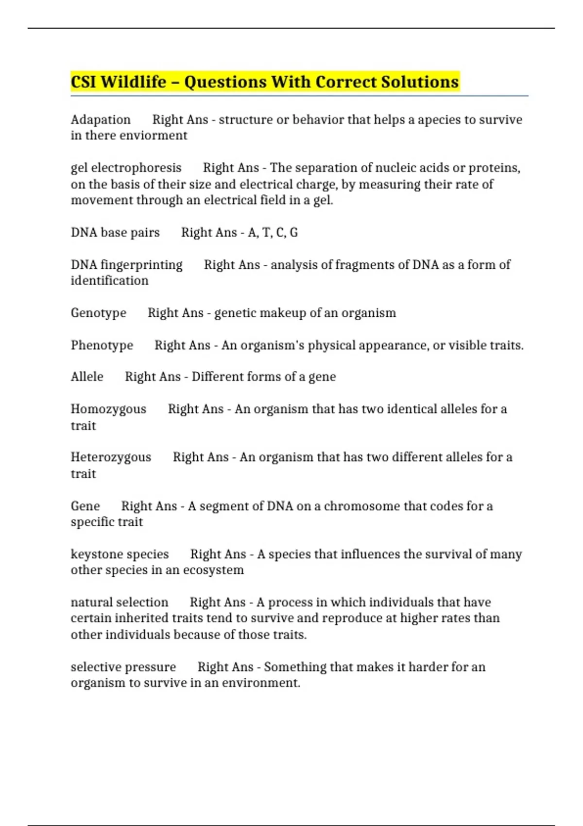 CSI Wildlife – Questions With Correct Solutions - CSI - Stuvia US
