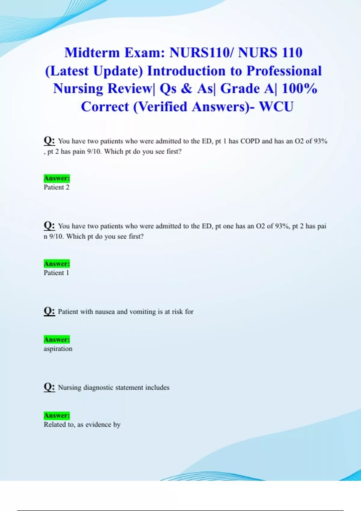 Midterm Exam: NURS110/ NURS 110 (Latest 2024/ 2025 Update) Introduction ...