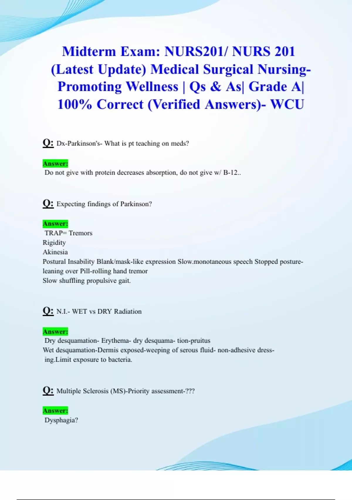 Midterm Exam: NURS201/ NURS 201 (Latest Update) Medical Surgical ...
