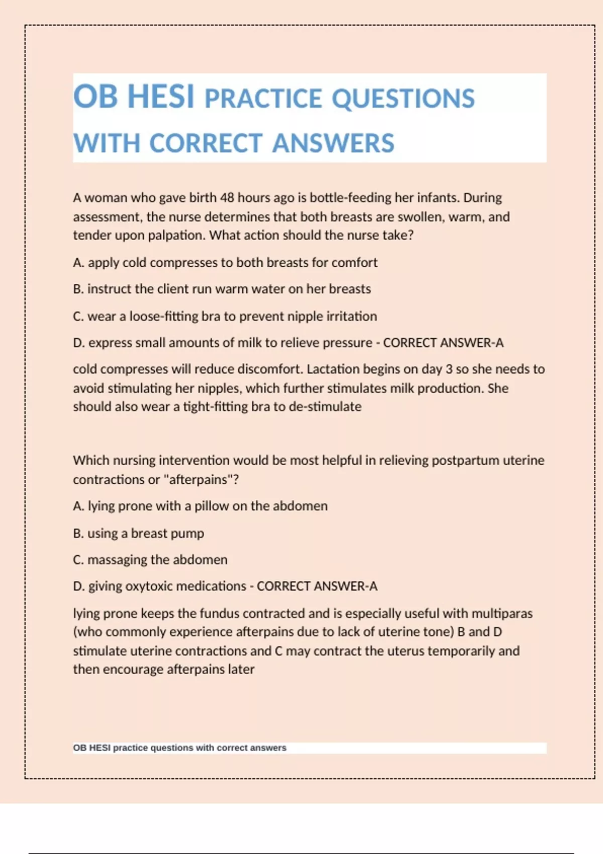OB HESI PRACTICE QUESTIONS WITH CORRECT ANSWERS - OB HESI - Stuvia UK
