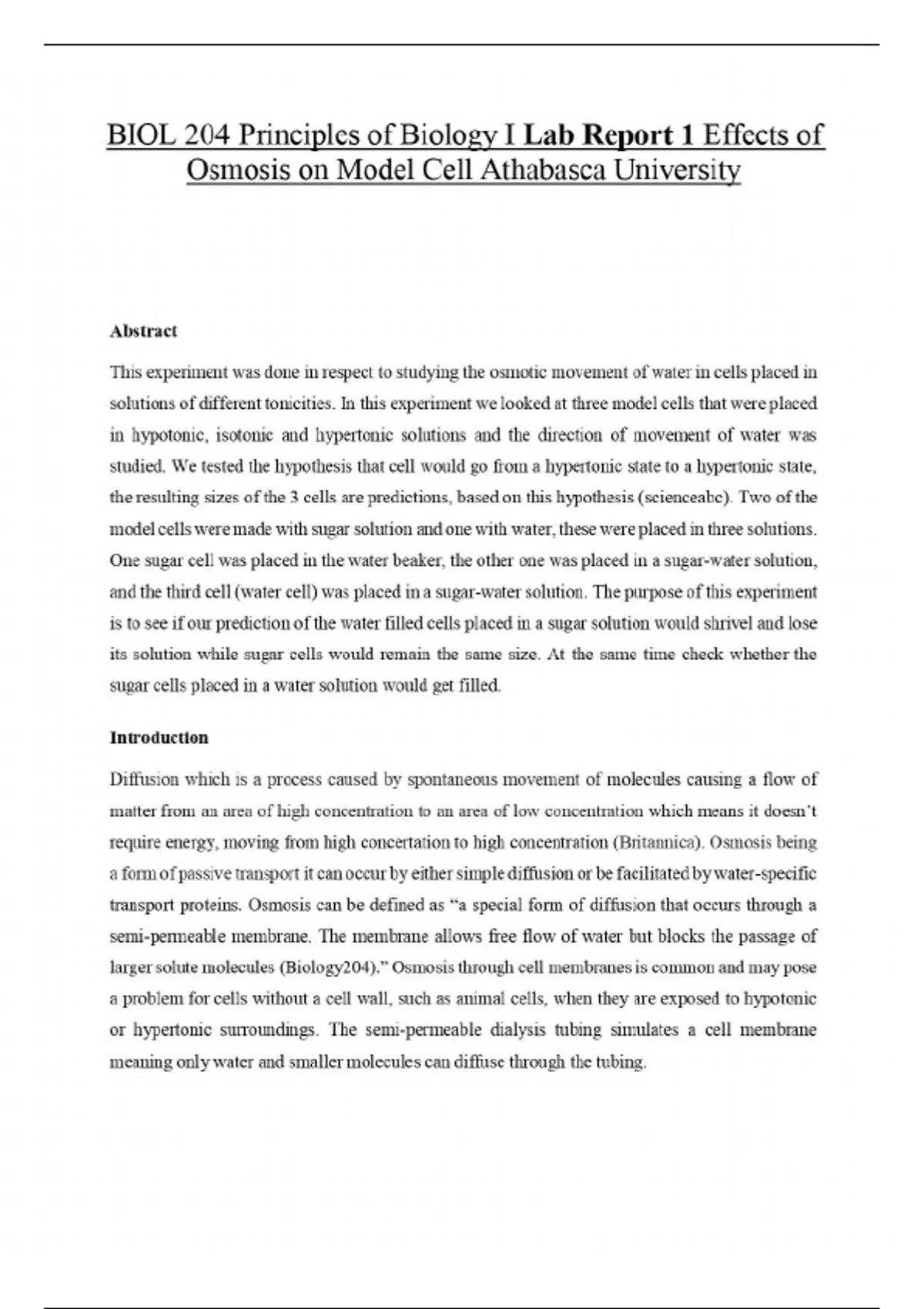 BIOL 204 Principles of Biology I Lab Report 1 Effects of Osmosis on ...