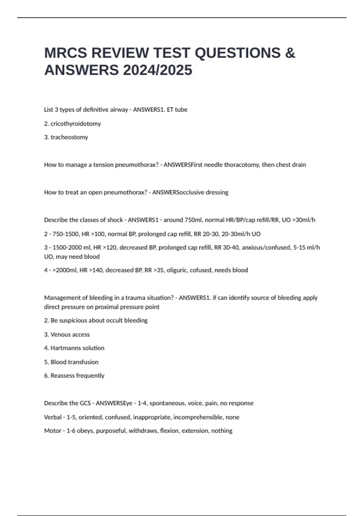 MRCS REVIEW TEST QUESTIONS & ANSWERS 2024/2025 - MRCS - Stuvia US
