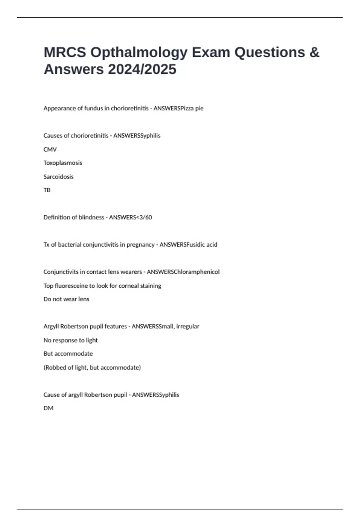 MRCS Opthalmology Exam Questions & Answers 2024/2025 - MRCS ...