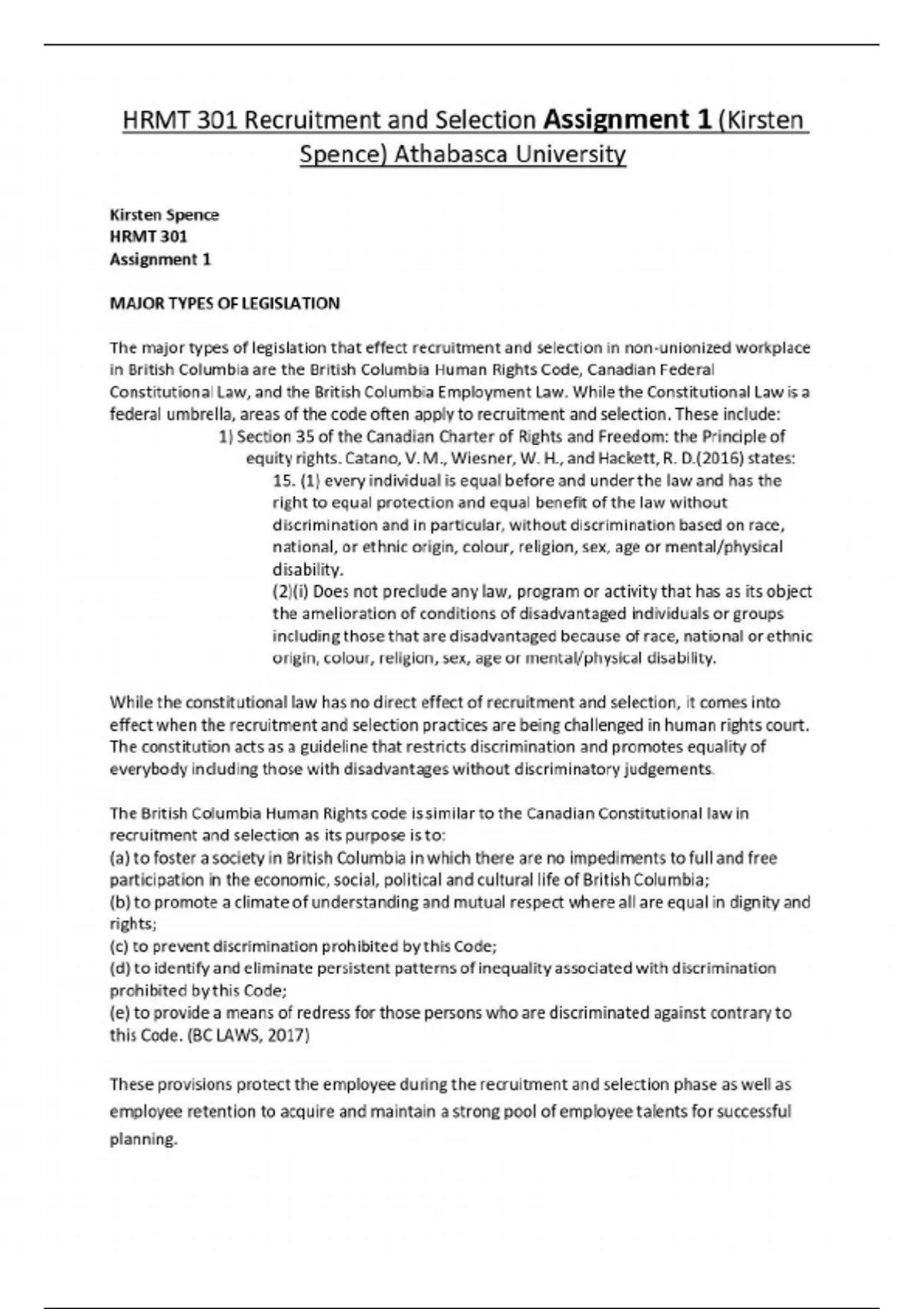 HRMT 301 Recruitment and Selection Assignment 1 (Kirsten Spence ...