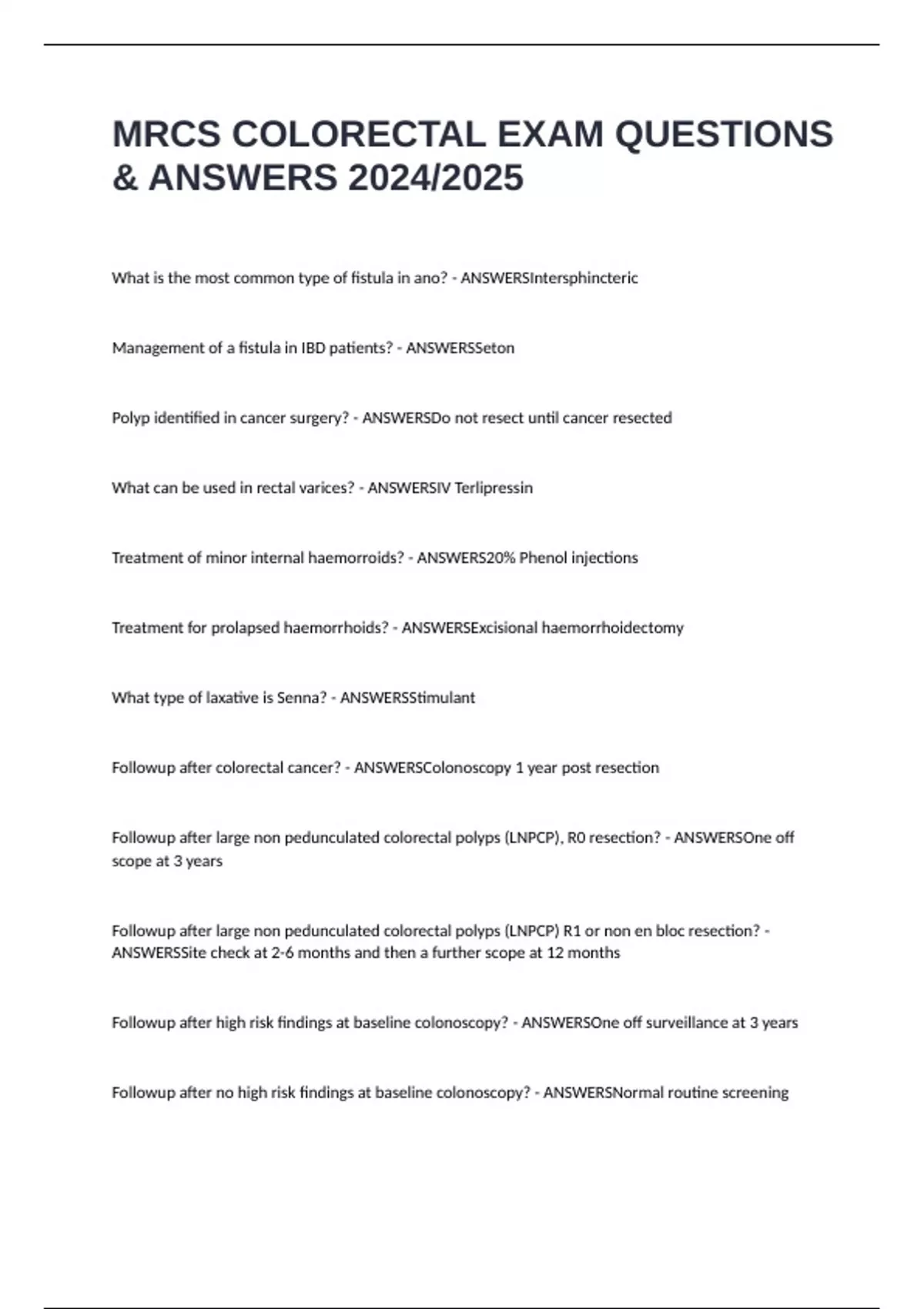 MRCS COLORECTAL EXAM QUESTIONS & ANSWERS 2024/2025 - MRCS COLORECTAL ...